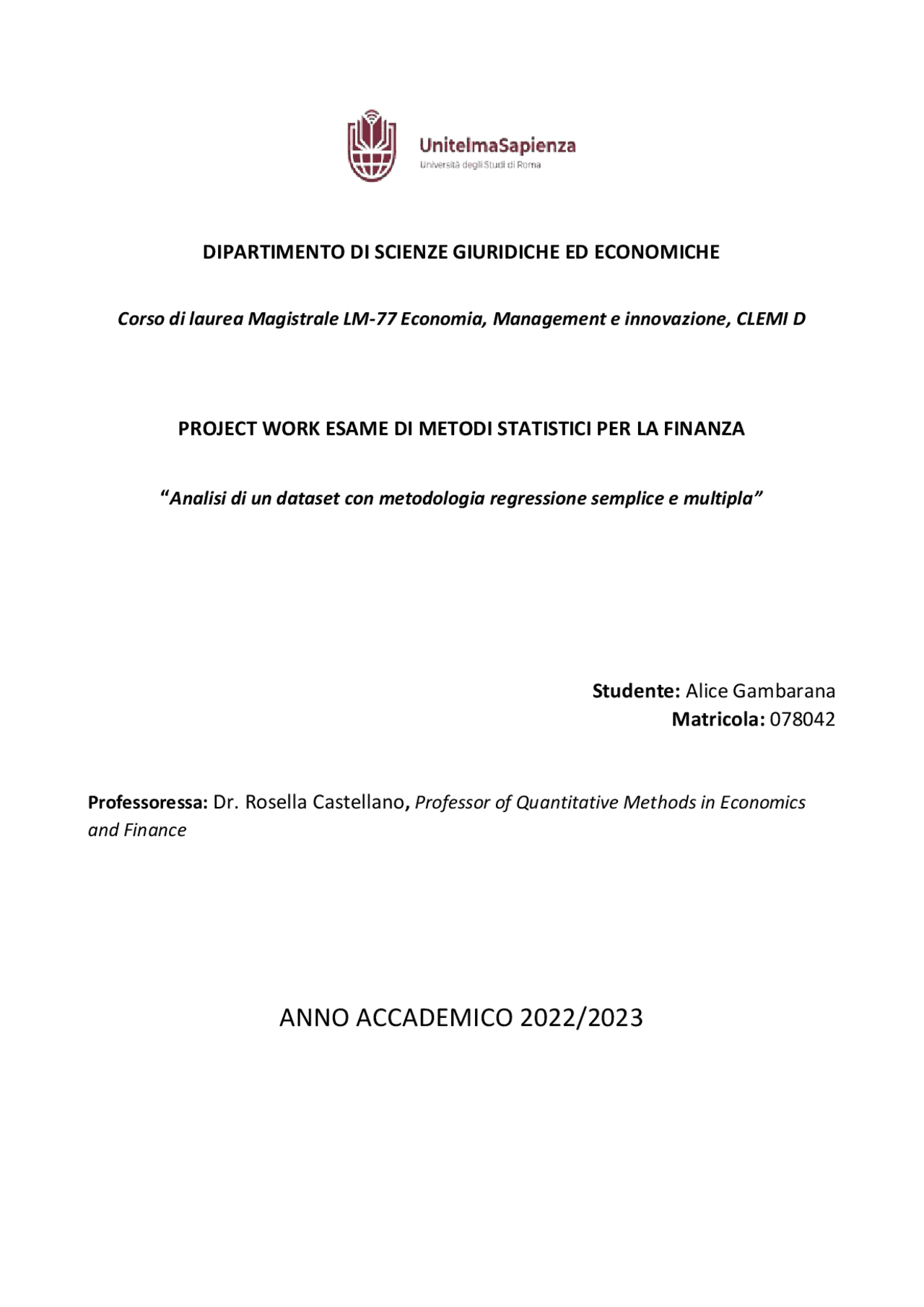 Project Work Di Metodi Statistici Per I Mercati Finanziari Guide