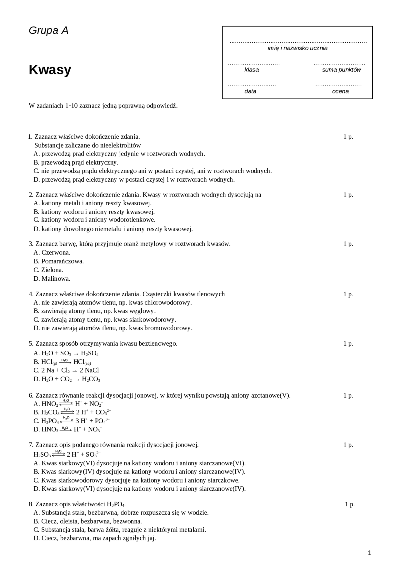 Kwasy - Chemia | Study notes Physics | Docsity