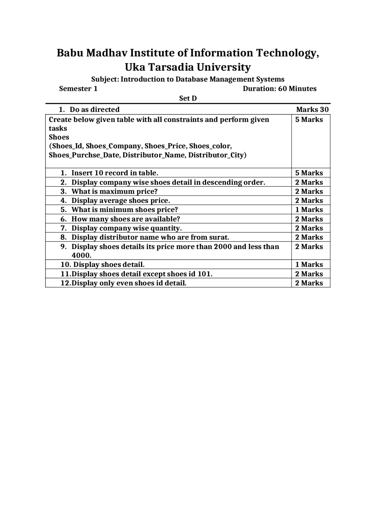 Database management system exam paper Sem-1 2022 | Papers Database ...