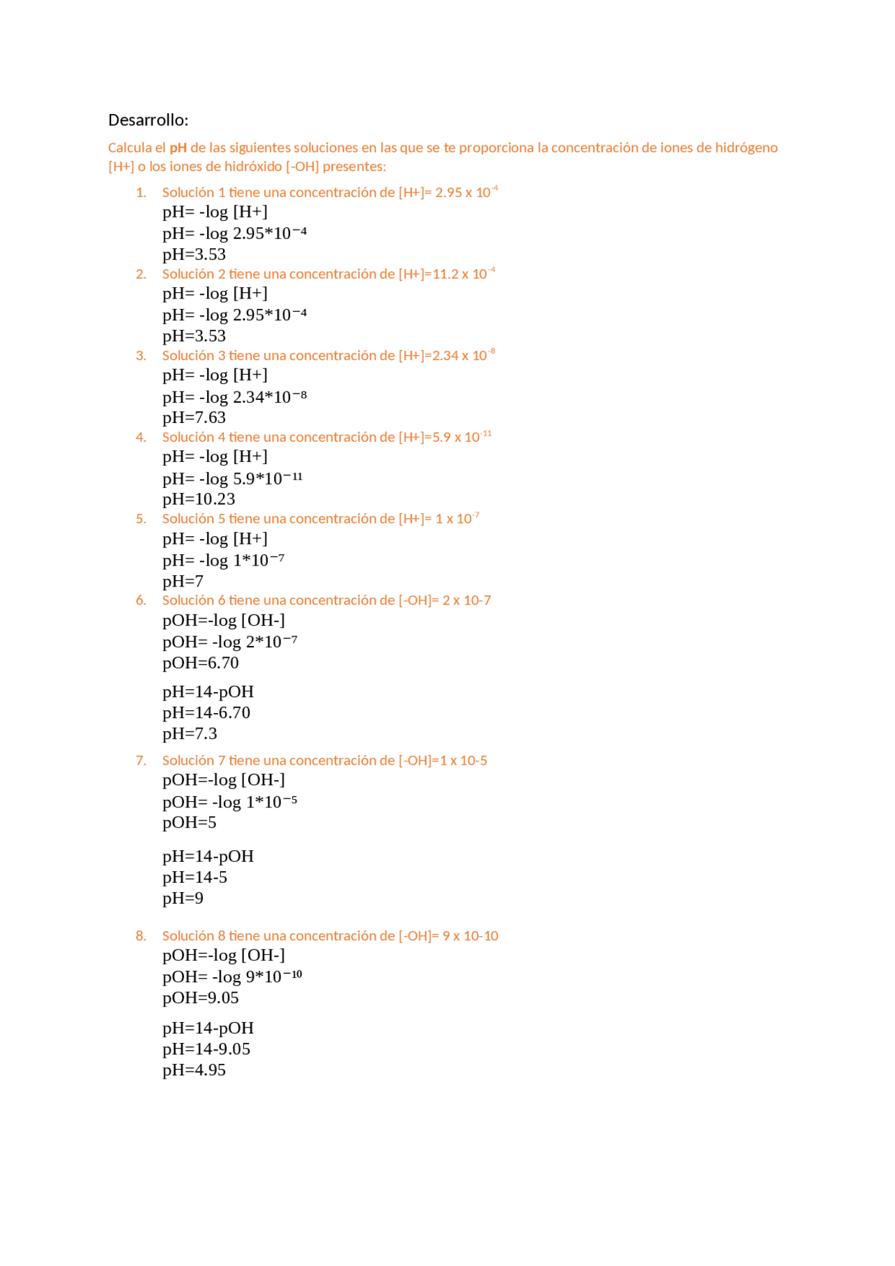 Calcular el pH de las soluciones | Ejercicios de Química | Docsity
