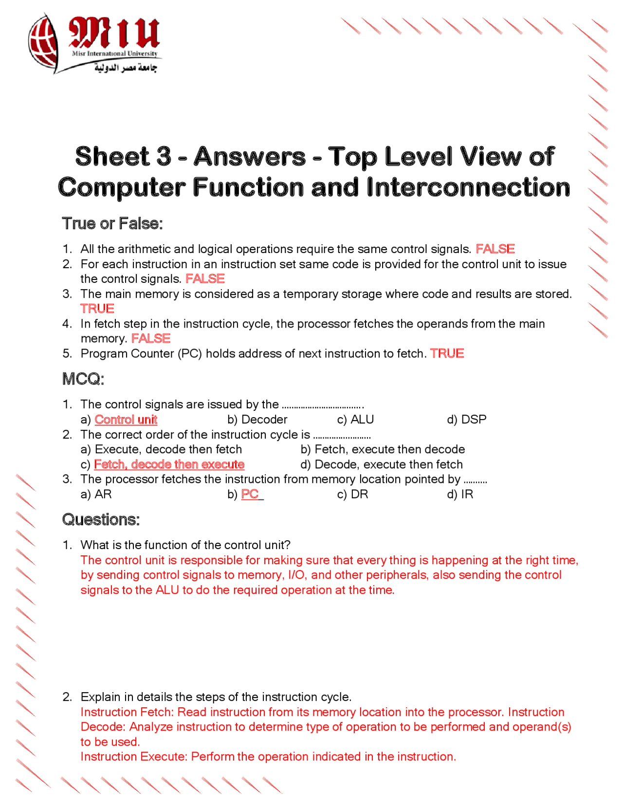 Computer Instruction Cycle and Control Unit Operations | Study notes ...