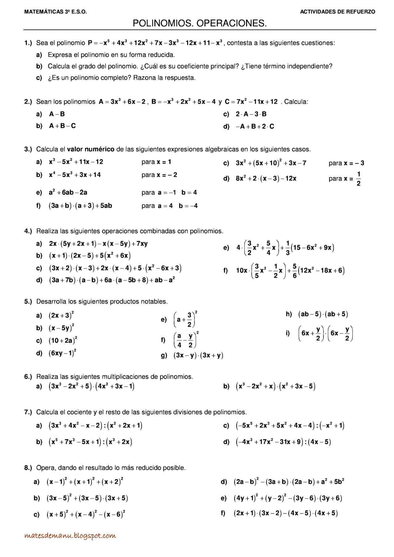 Ejercicios De Polinomios Ejercicios De Matemáticas Orientadas A Las