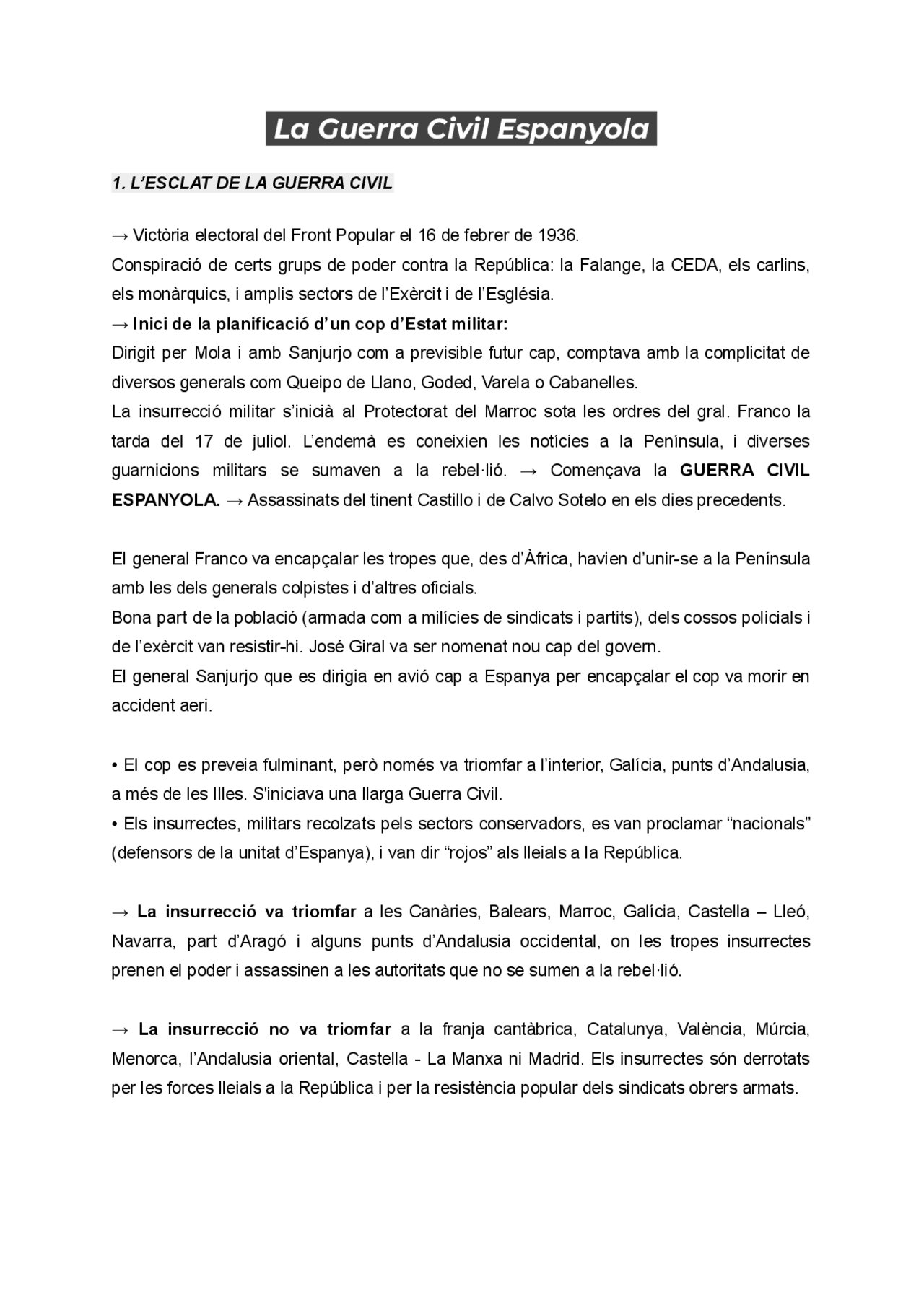 La guerra civil española | Apuntes de Historia de España | Docsity