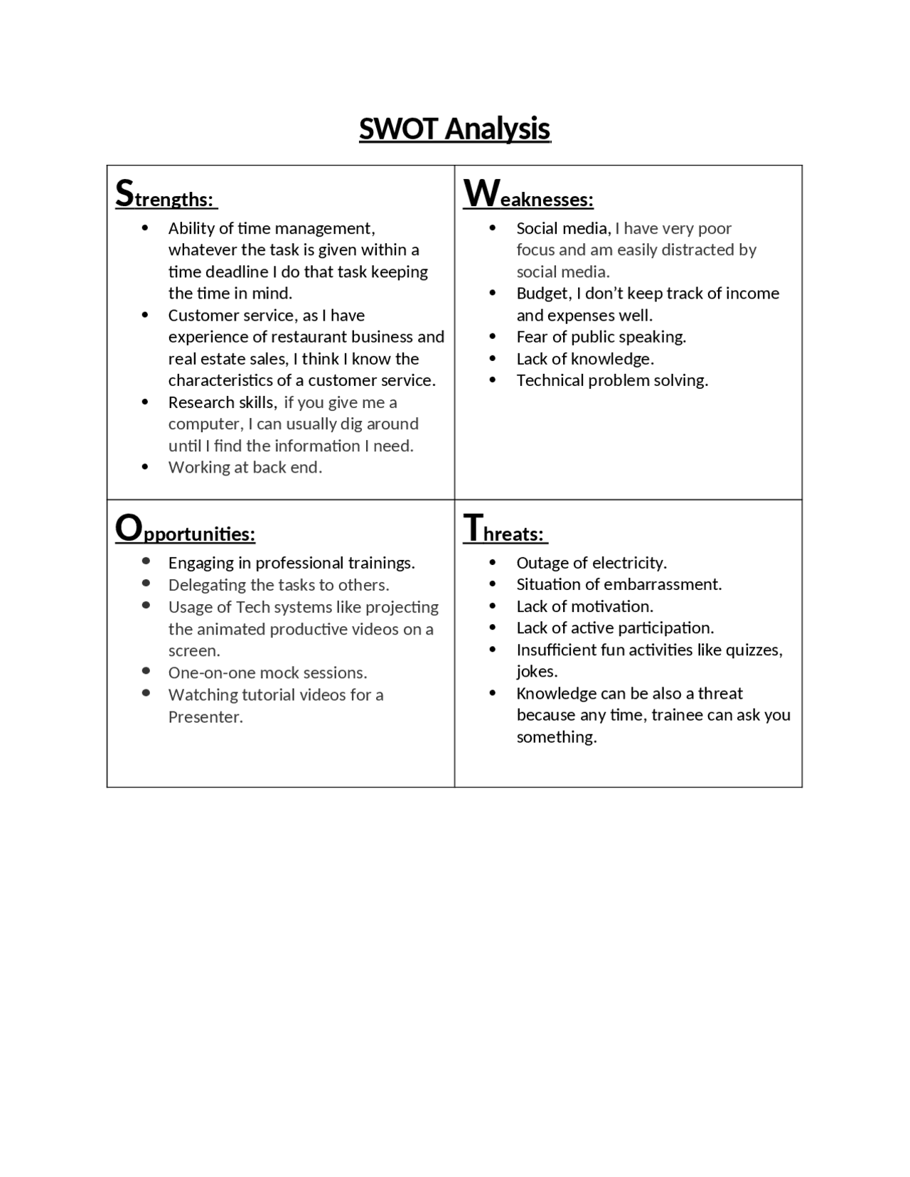 Swot Analysis Table Exercise Exercises Professional Communication