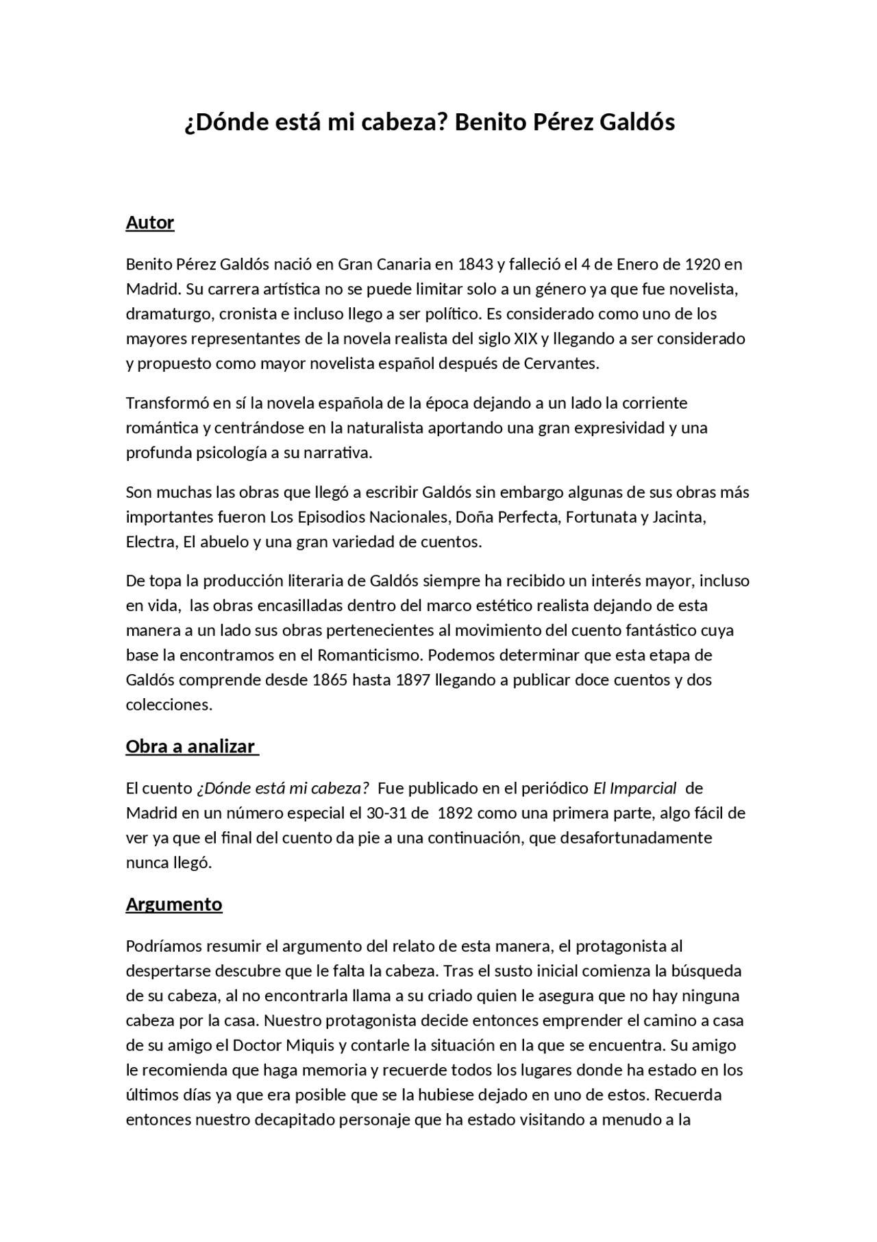 Dónde está mi cabeza | Apuntes de Literatura del Siglo XIX | Docsity