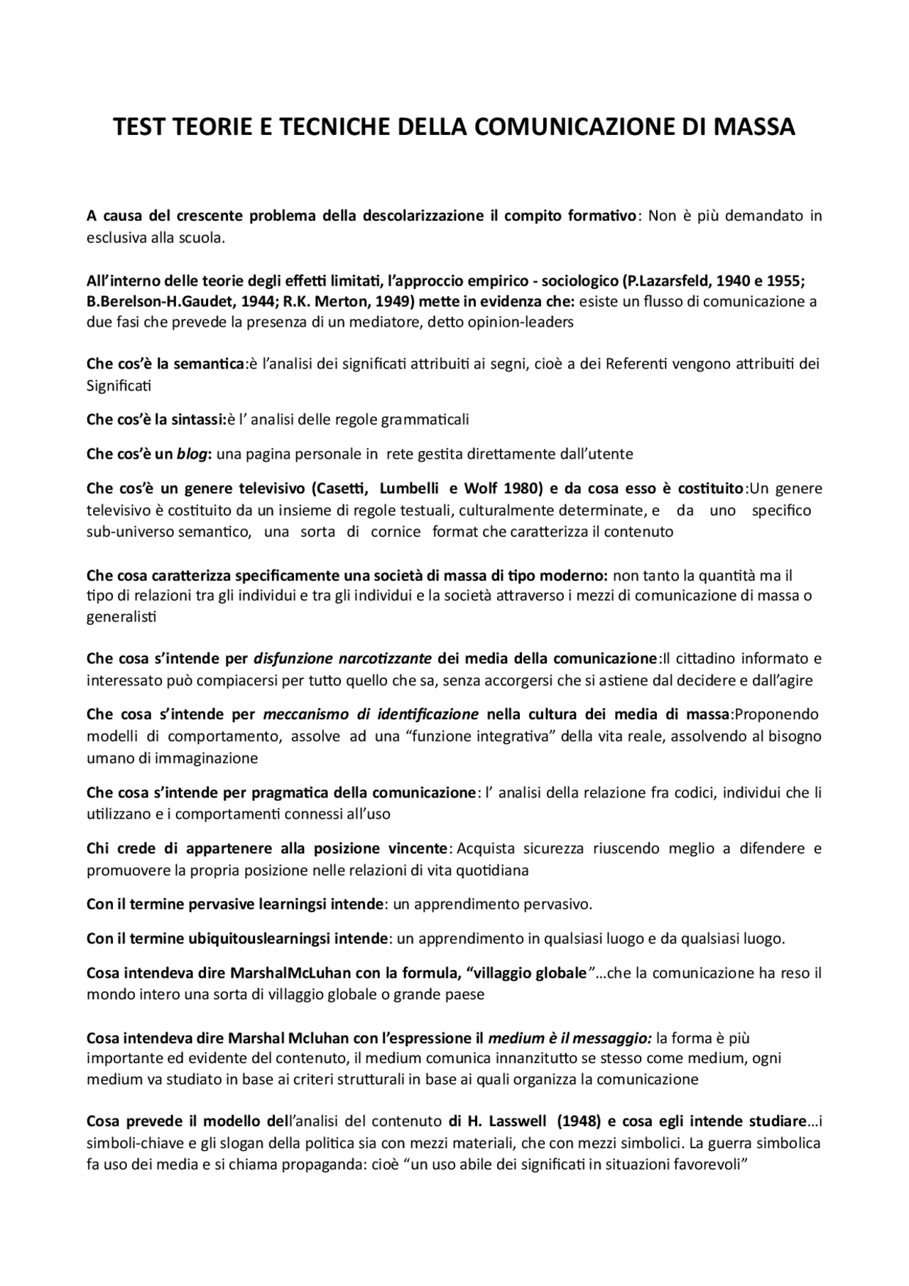 Test Cdomande E Risposte Di Teorie E Tecniche Della Comunicazione Di