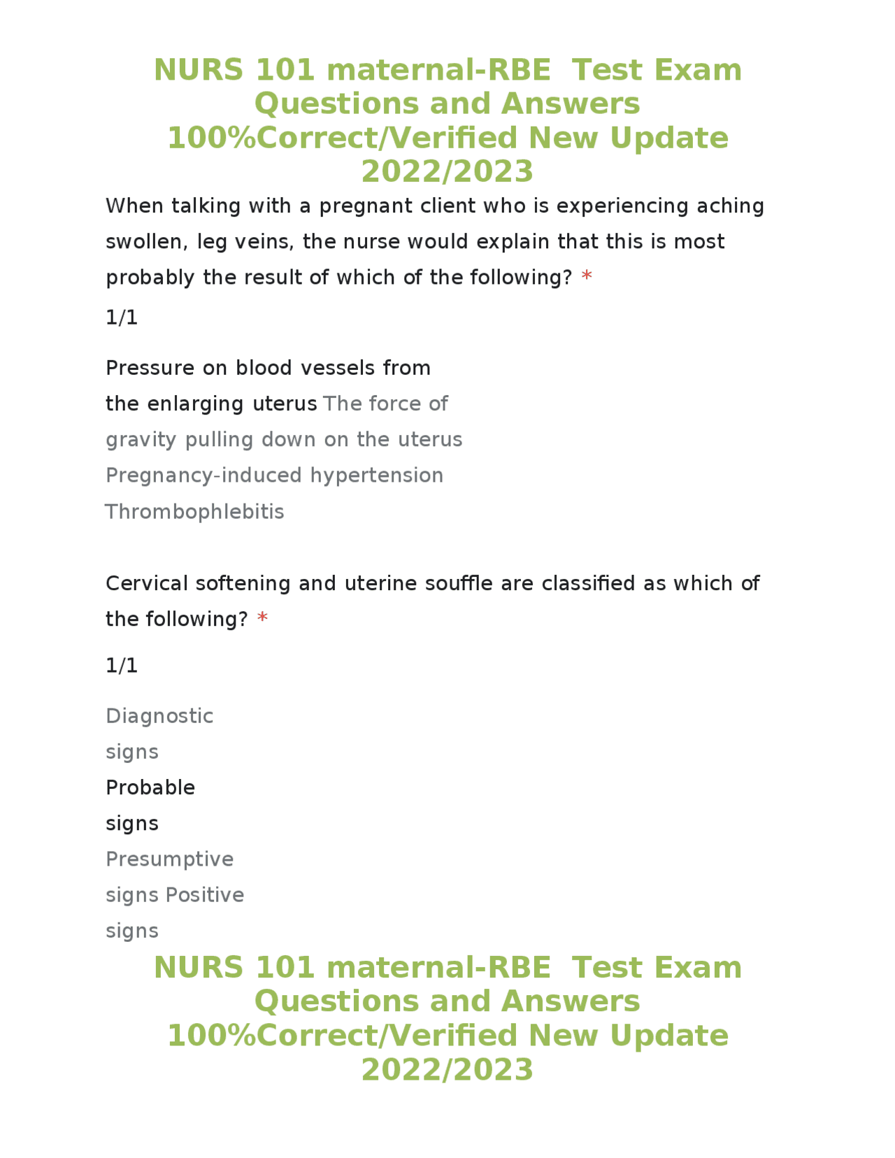 Nurs 101 Maternal Rbe Test Exam Questions And Answers 100correct