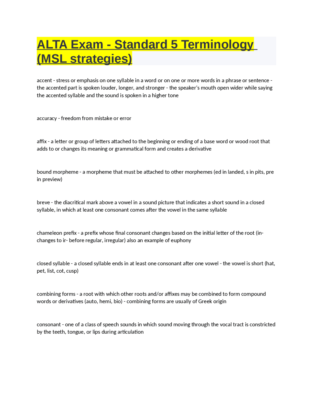 ALTA Exam - Standard 5 Terminology (MSL strategies | Exams Linguistics ...