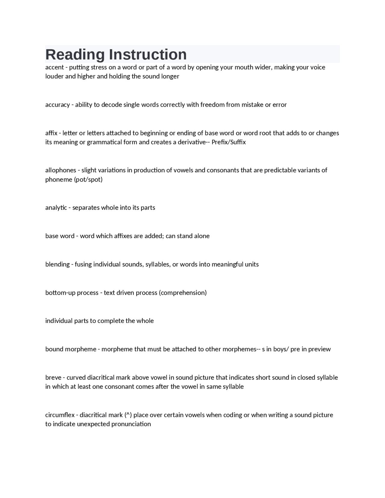 Reading Instructionreading Instruction Exams Linguistics Docsity