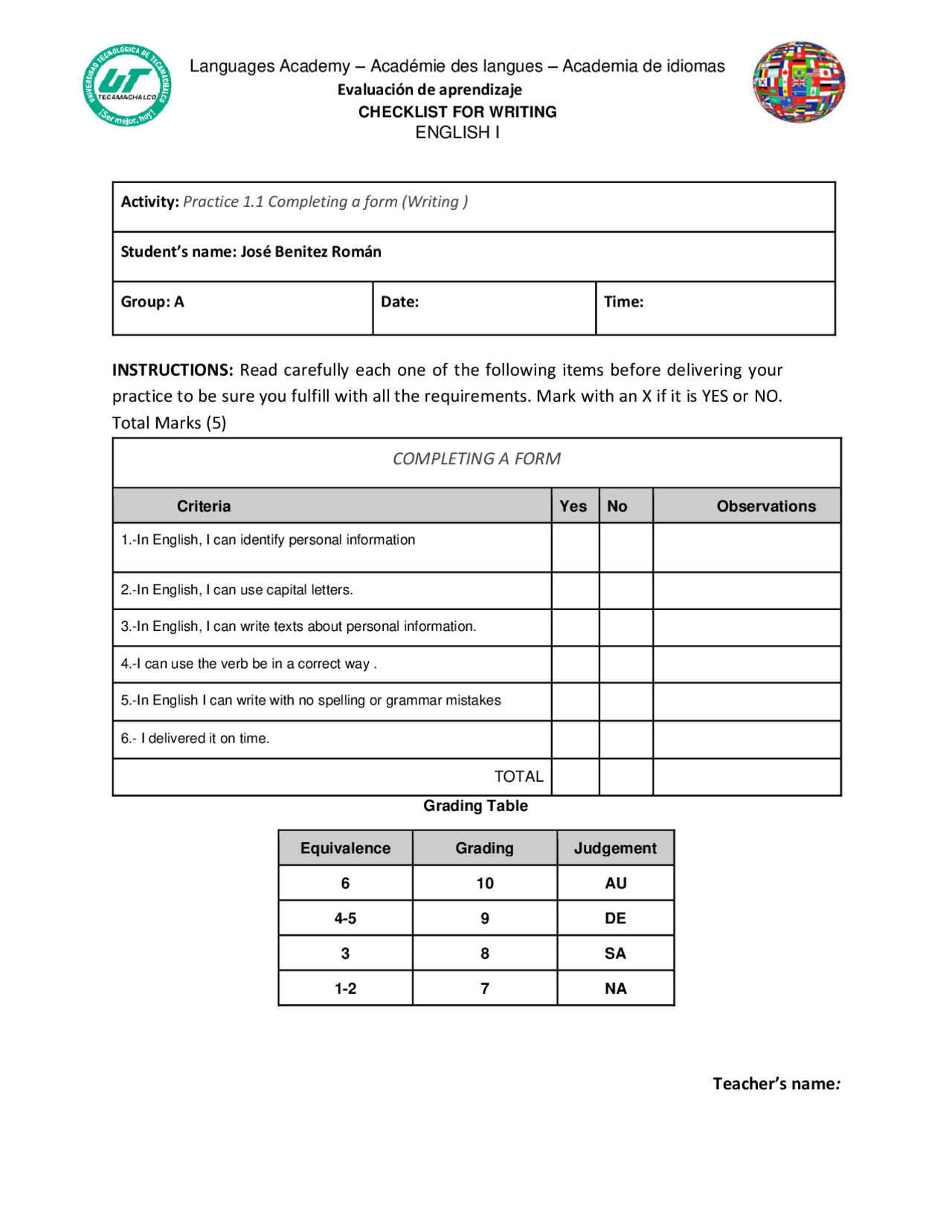Checklist ingles A1 | Ejercicios de Idioma Inglés | Docsity
