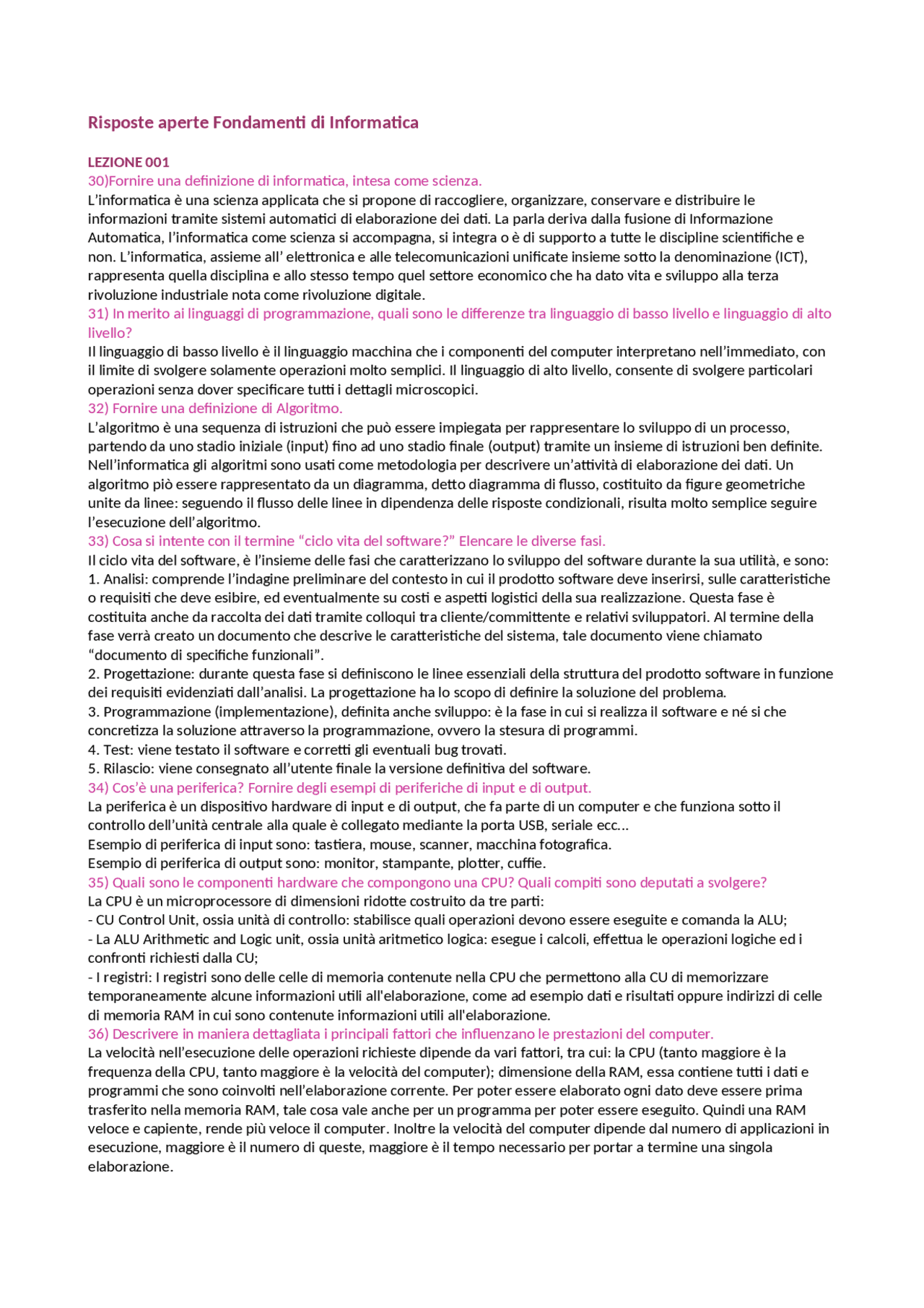 Risposte aperte paniere informatica | Panieri di Fondamenti di informatica | Docsity