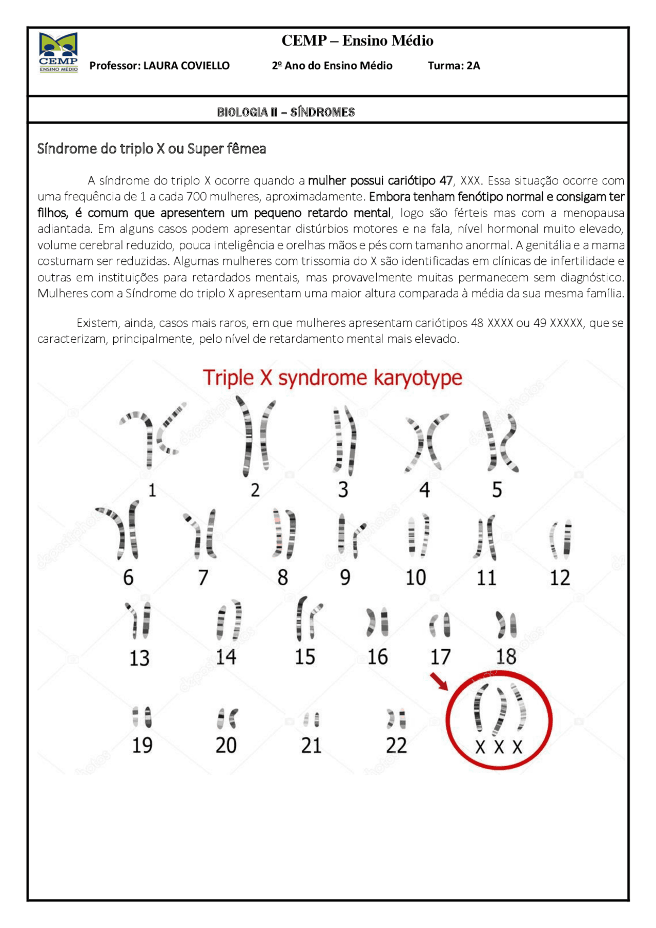 CEMP – Ensino Médio Síndrome do triplo X ou Super fêmea | Provas ...