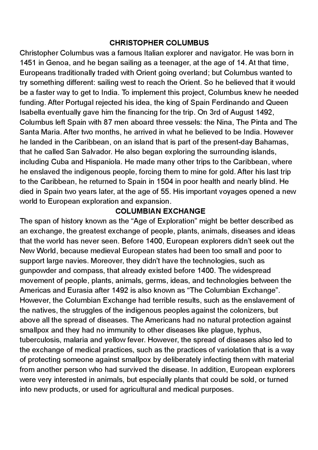 Christopher Columbus and The Columbian Exchange | Dispense di Inglese ...
