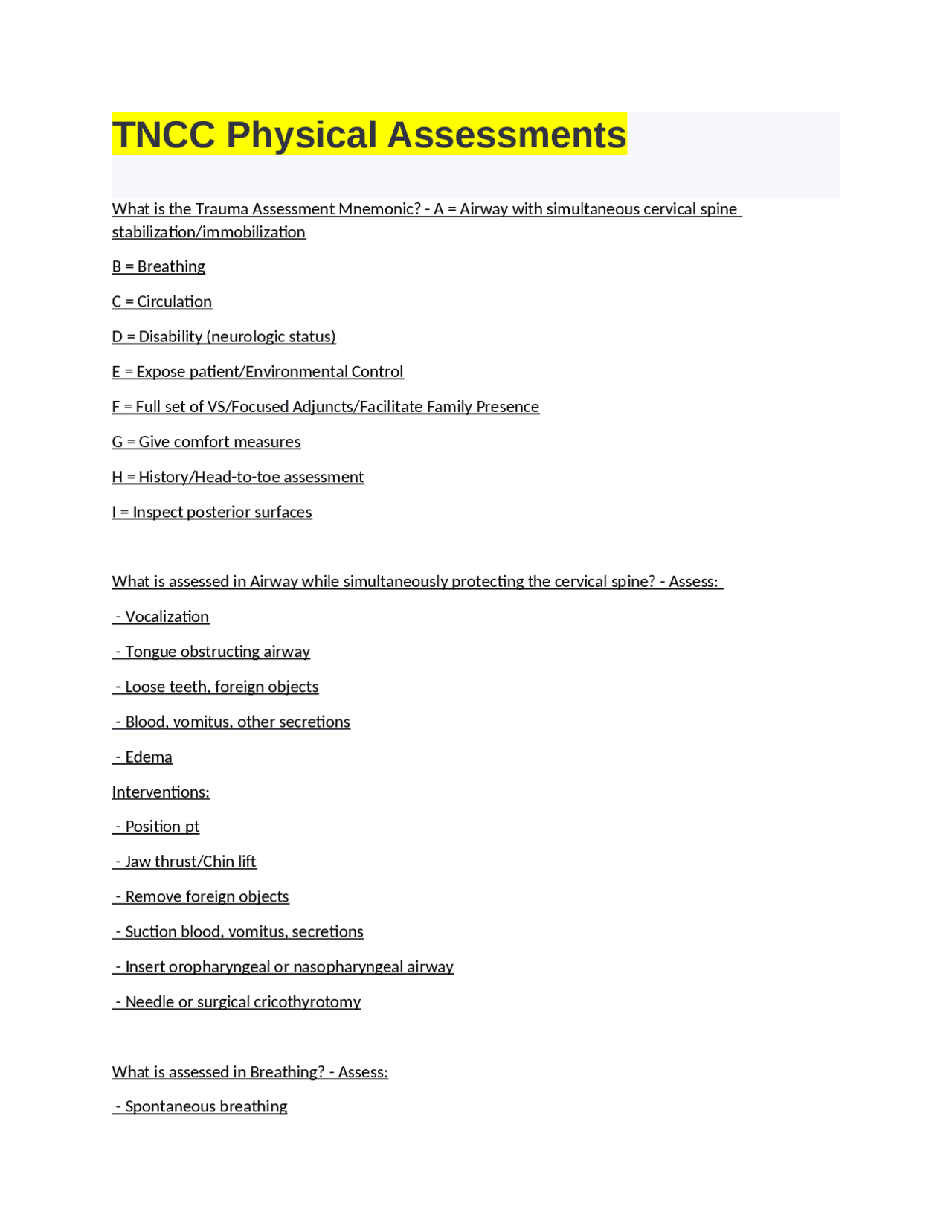 TNCC Physical Assessments | Exams Psychology | Docsity