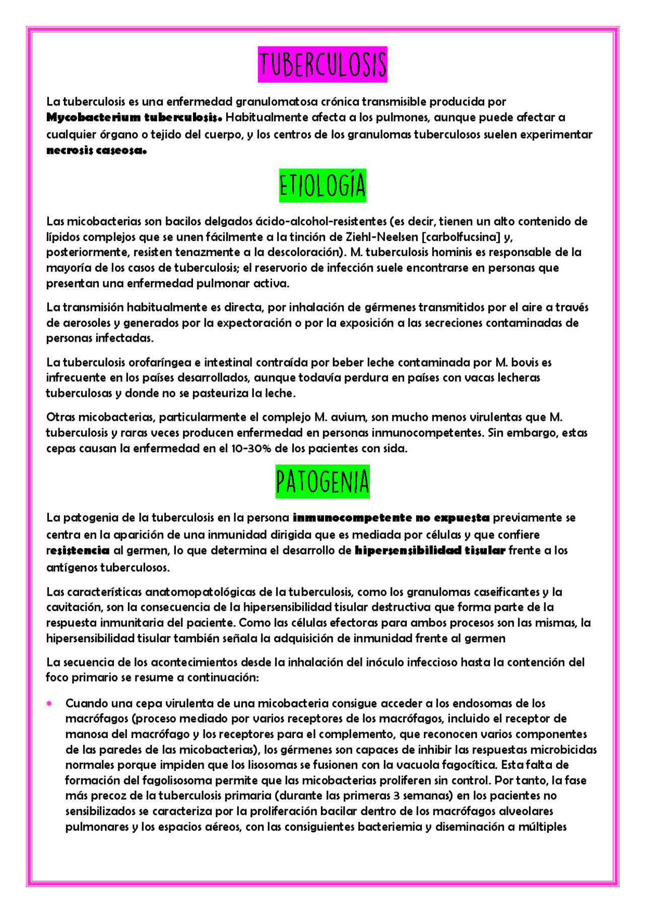 Tuberculosis pulmonar | Resúmenes de Anatomía Patológica | Docsity