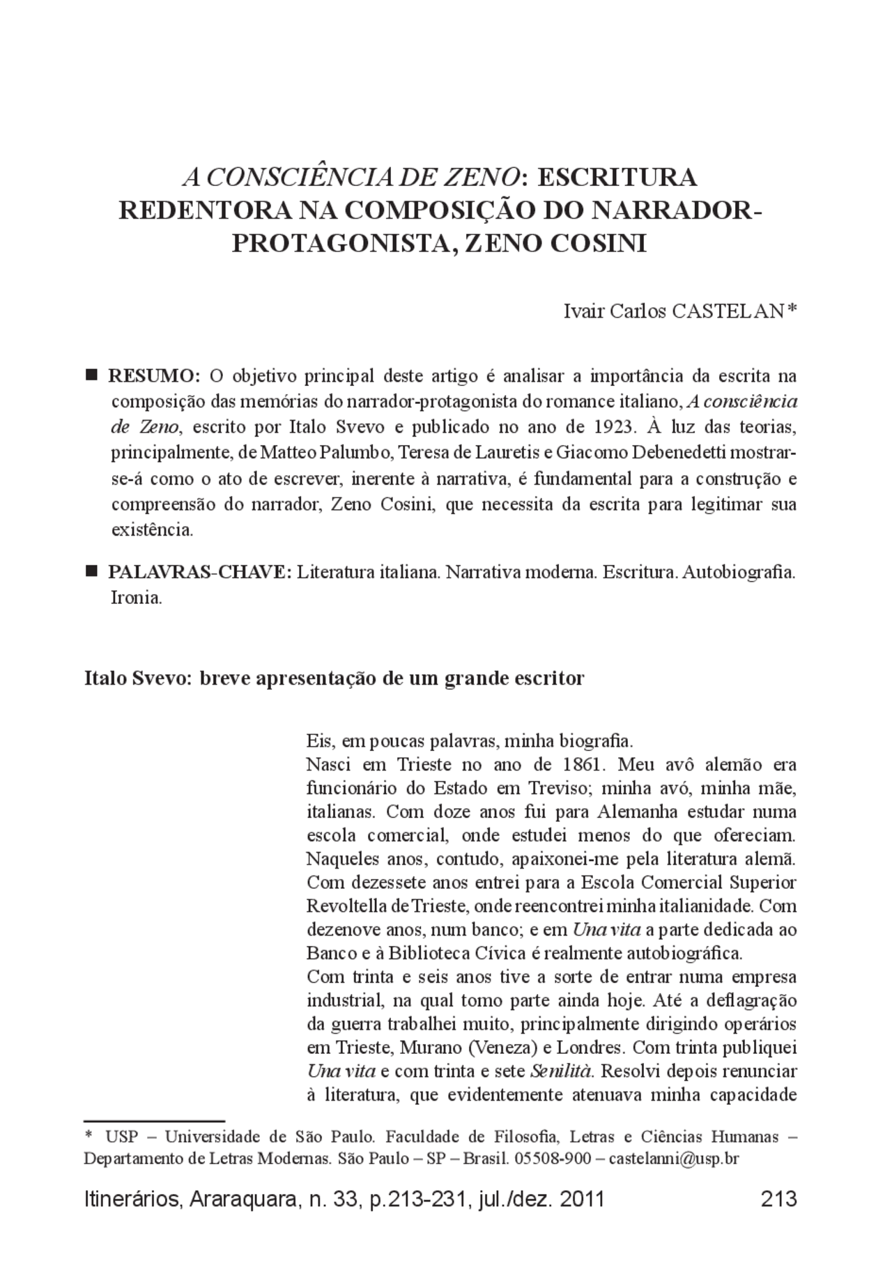 A Importância da Escrita na Composição da Consciência de Zeno Cosini ...