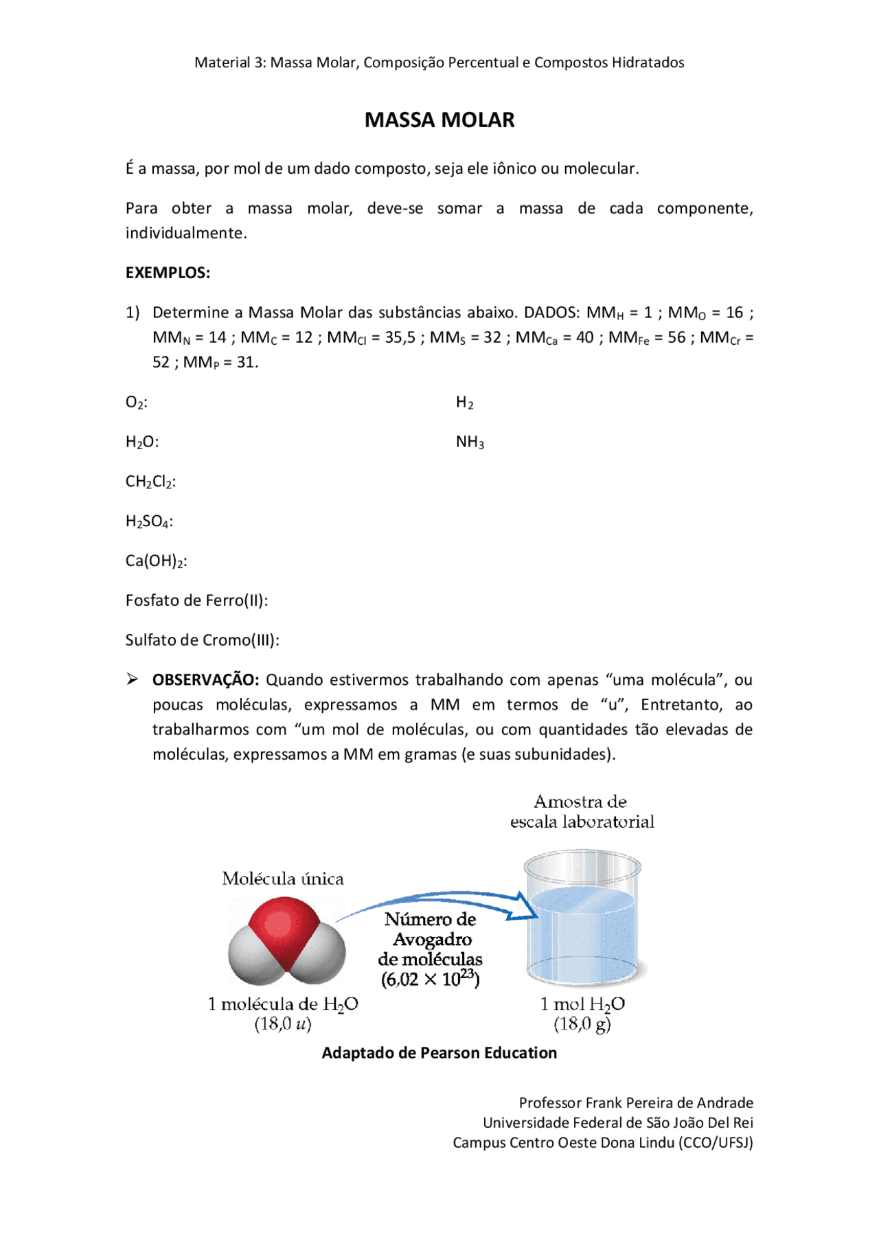 Massa Molar Composição Percentual E Compostos Hidratados Notas De