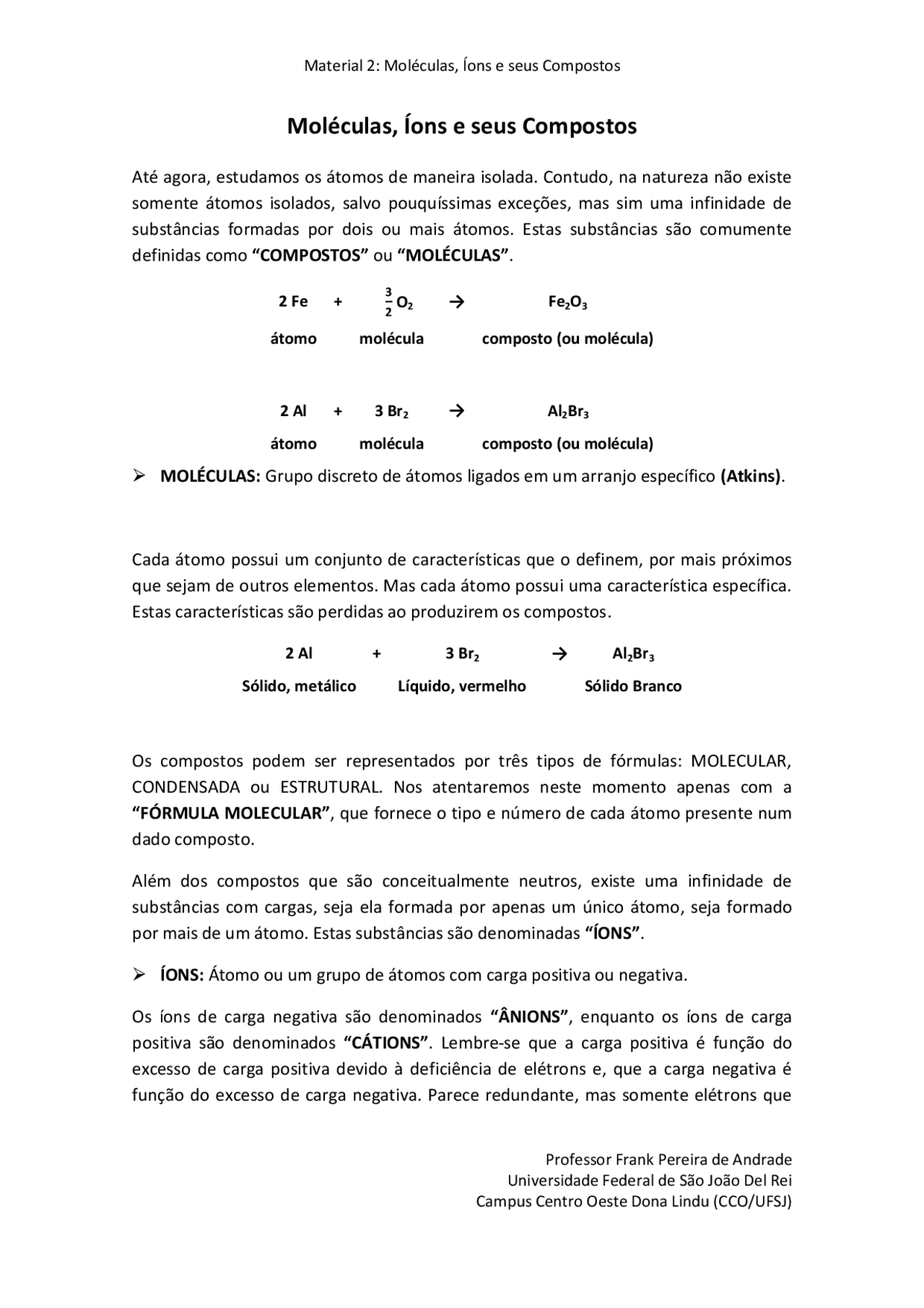 Moléculas, Íons e seus Compostos | Notas de estudo Química | Docsity