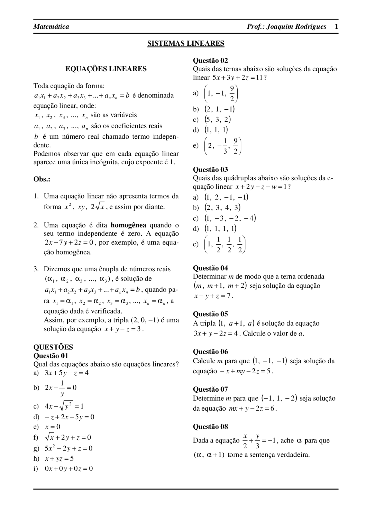 Sistemas Linearespdf Summaries Mathematics Docsity