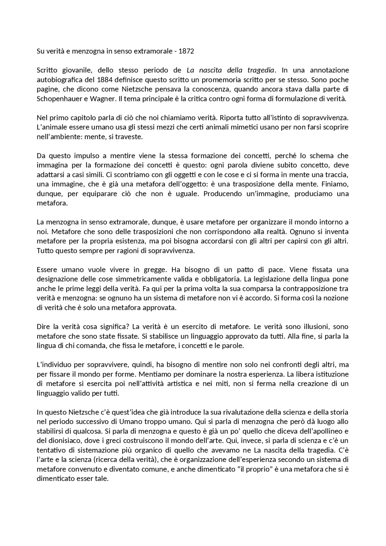 Riassunto Su Verità E Menzogna In Senso Extramorale Di Nietzsche