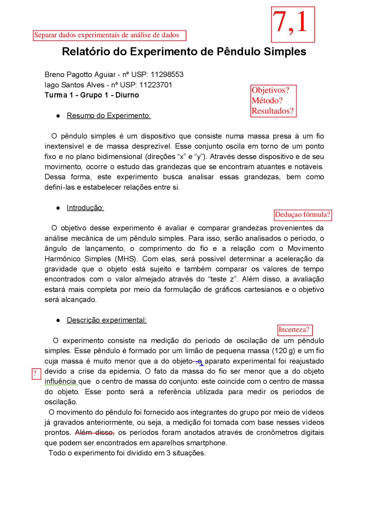 Relatório do Experimento de Pêndulo Simples | Notas de estudo Estatística | Docsity