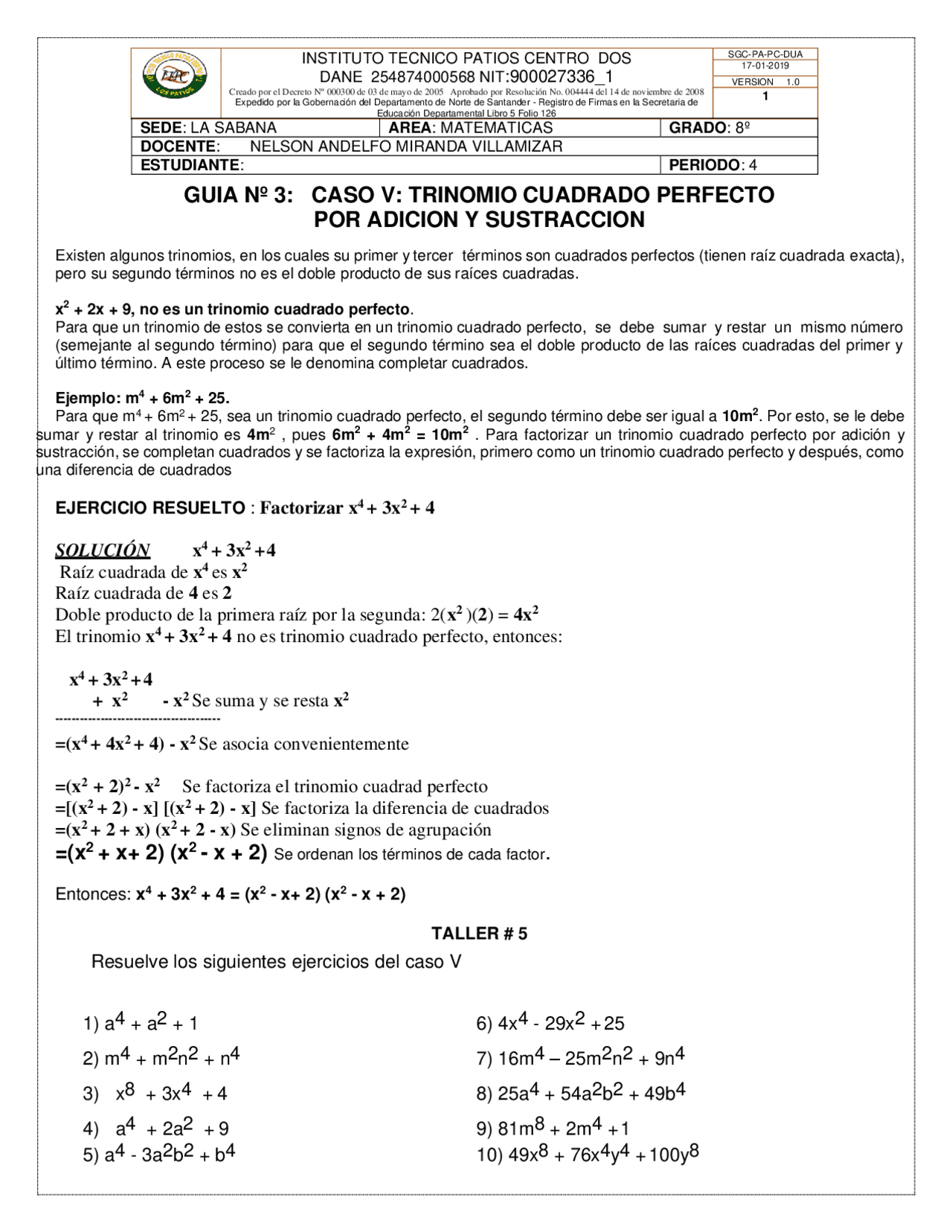 Caso V, Caso VI y Caso VII de la factorización | Ejercicios de Matemáticas | Docsity