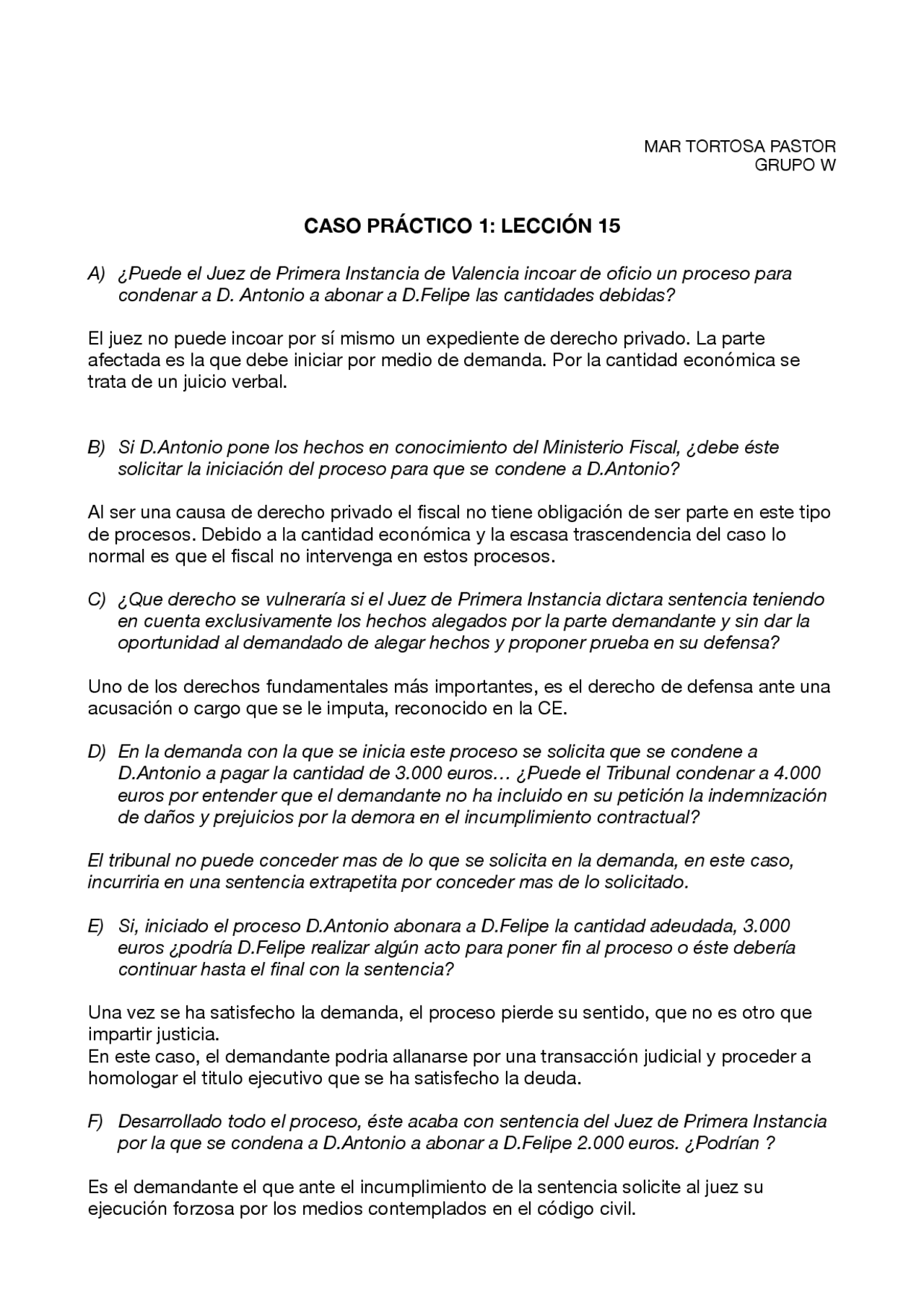 Práctica Derecho Procesal Ejercicios De Derecho Procesal Docsity