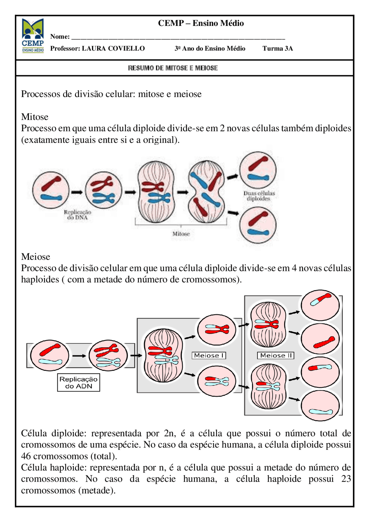 Biologia-II-resumo-de-mitose-e-meiose-3º-ano.pdf | Esquemas Biologia | Docsity
