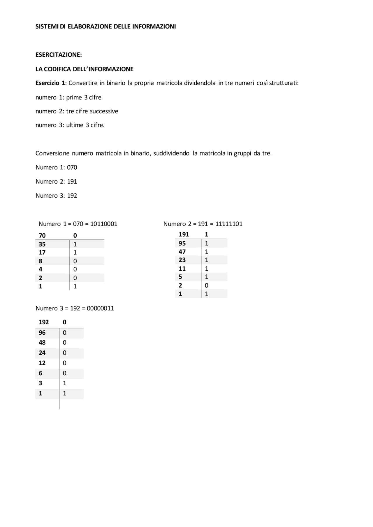 Elaborato N 2 Codifica Della Matricola Sistemi Di Elaborazione Delle