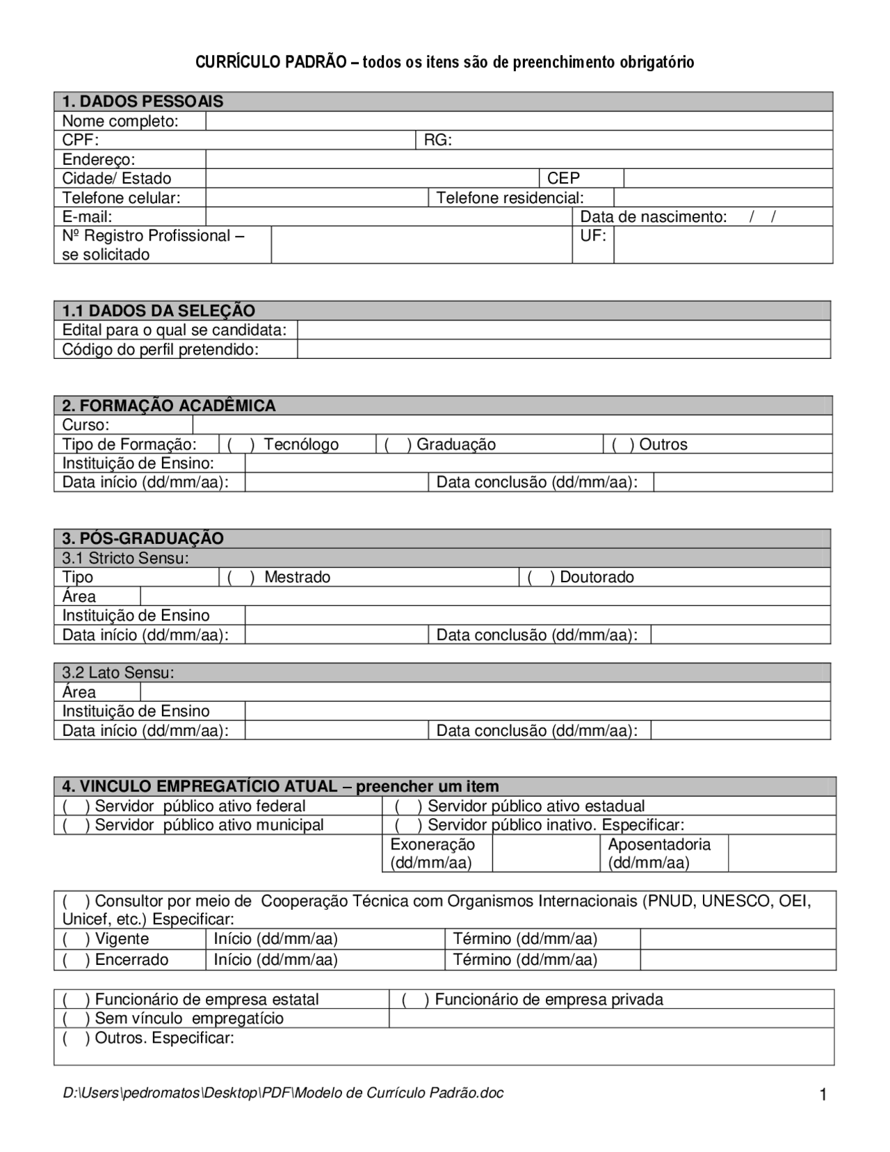 CURRÍCULO PADRÃO | Notas de estudo Currículo | Docsity