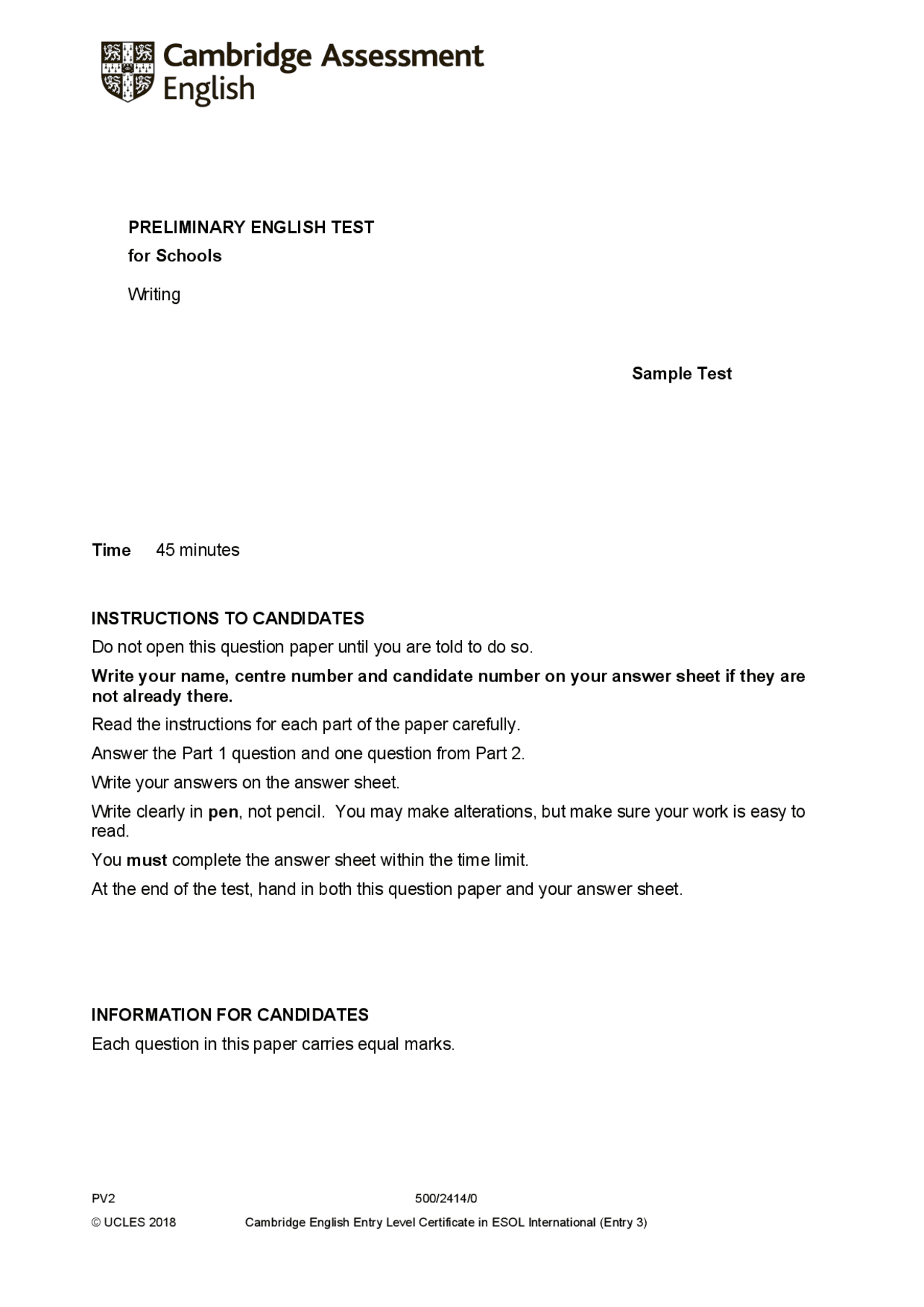 B1 Cambridge Preliminary Writing Exam | Exámenes de Inglés | Docsity