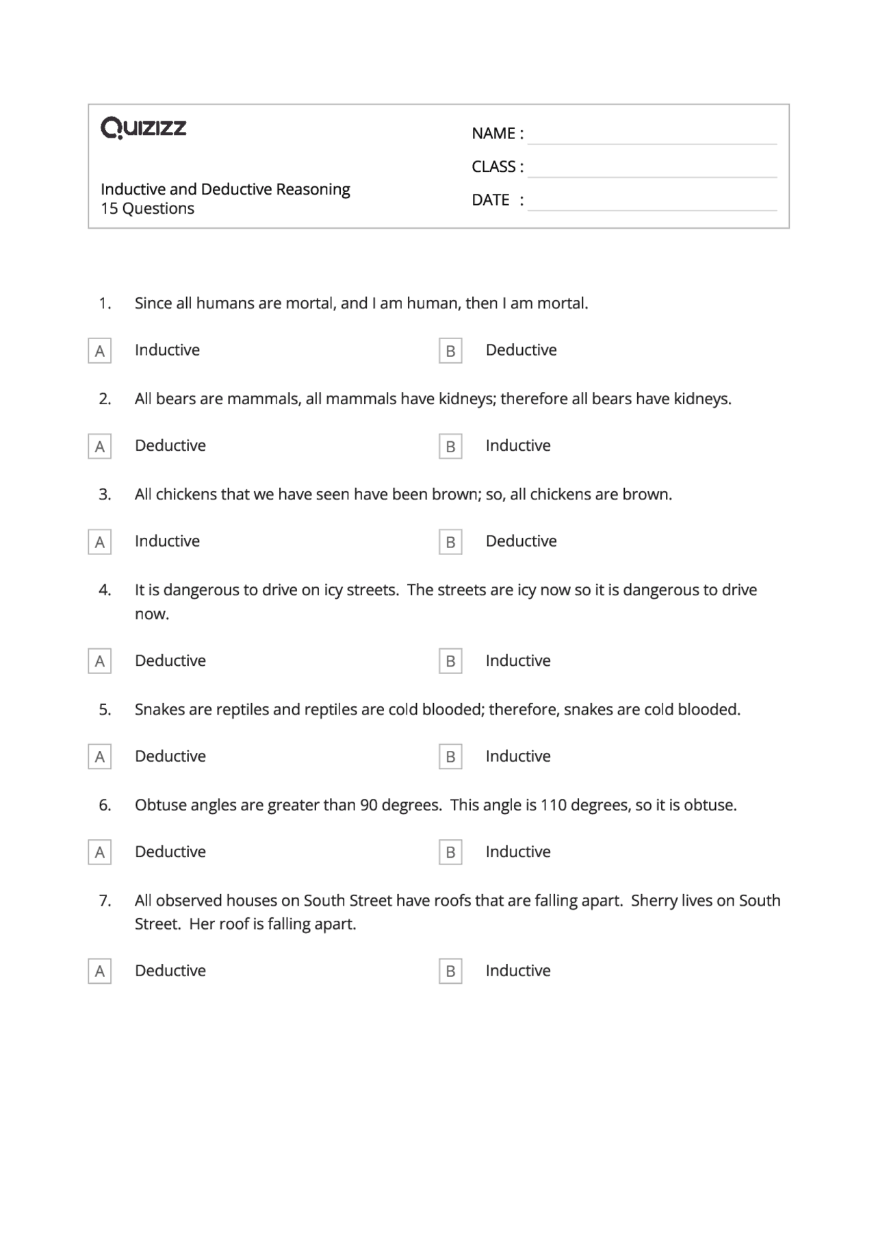 Inductive and Deductive reasoning | Quizzes Research Methodology | Docsity