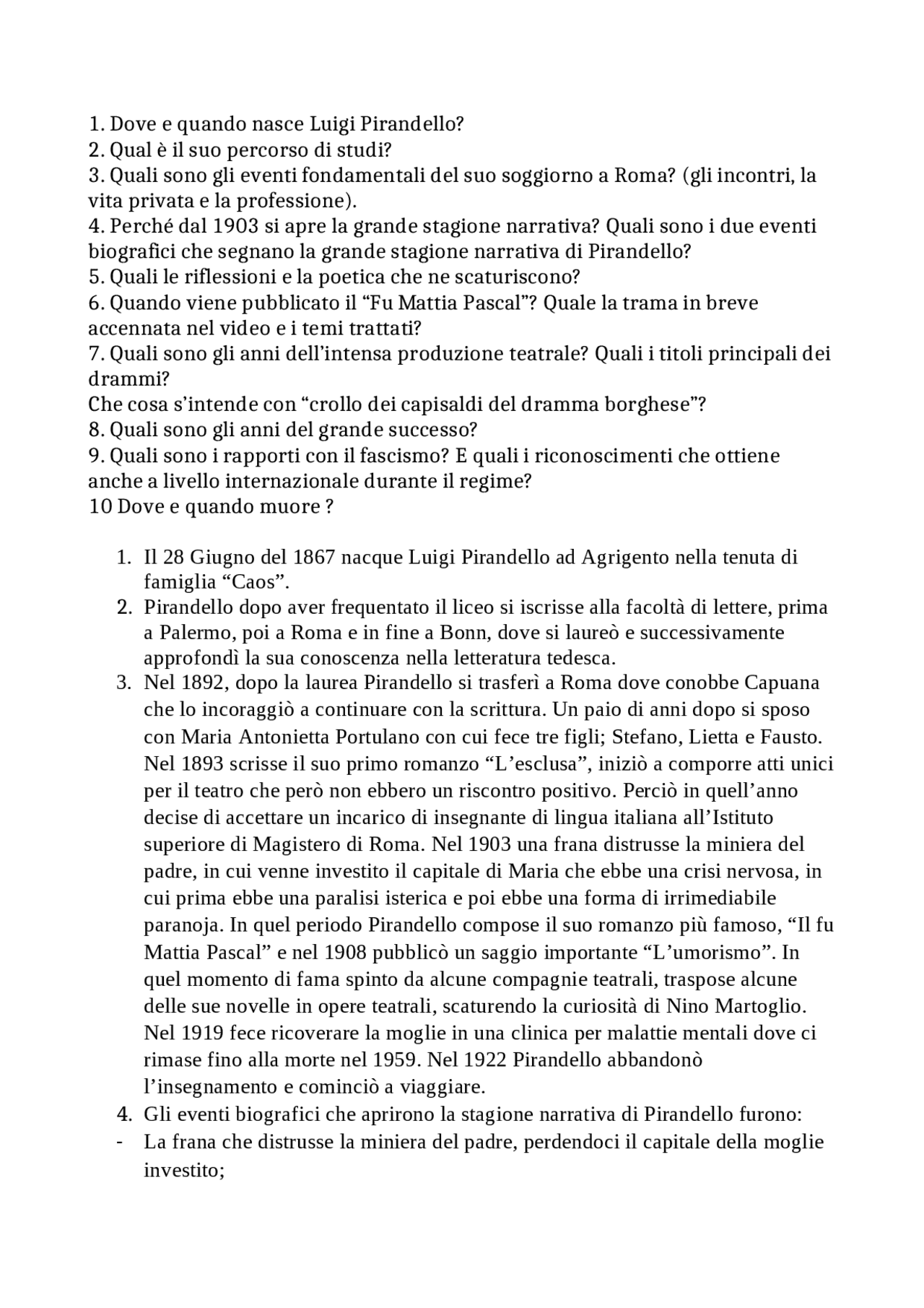 Riassunto/appunti Luigi Pirandello | Appunti di Lingue e letterature classiche | Docsity