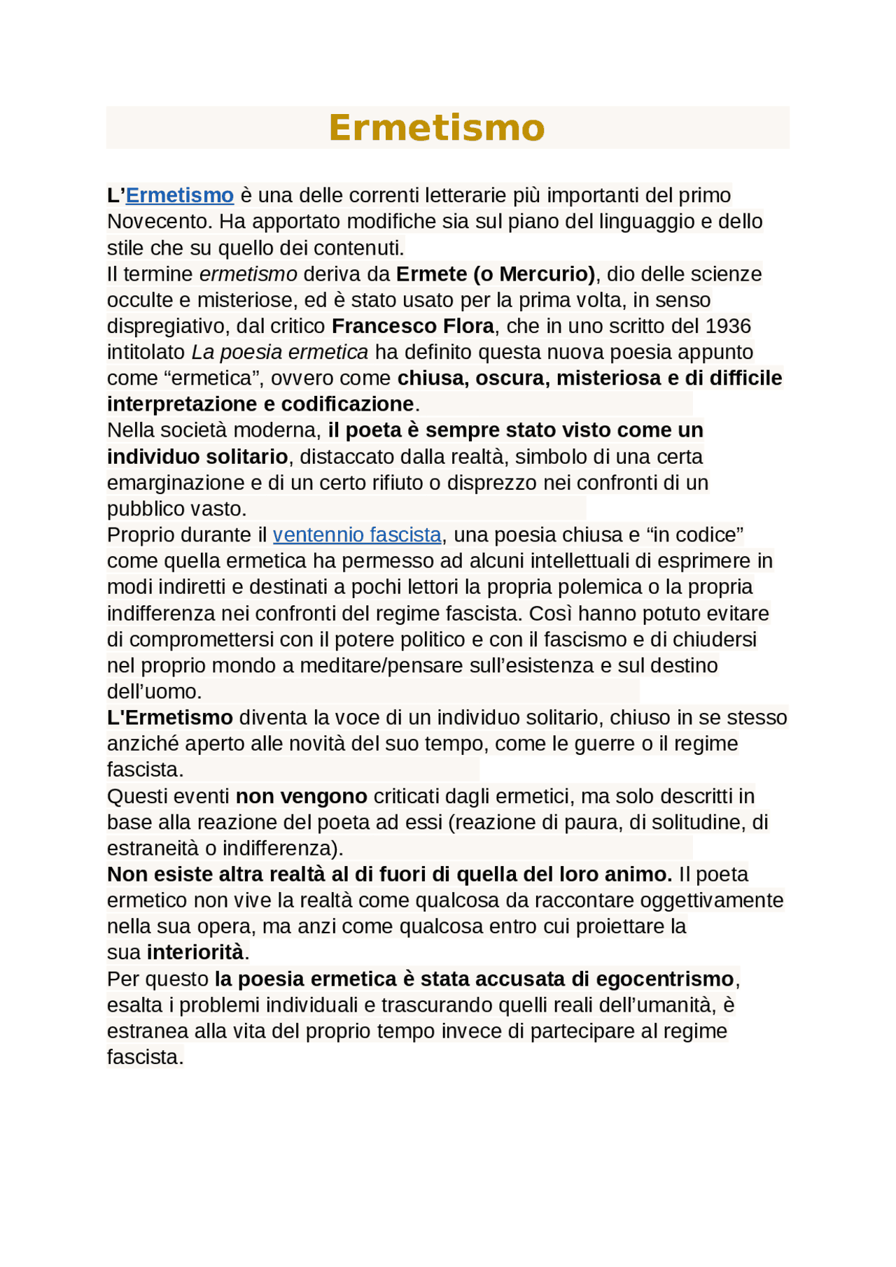Riassunto Sullermetismo Dispense Di Italiano Docsity
