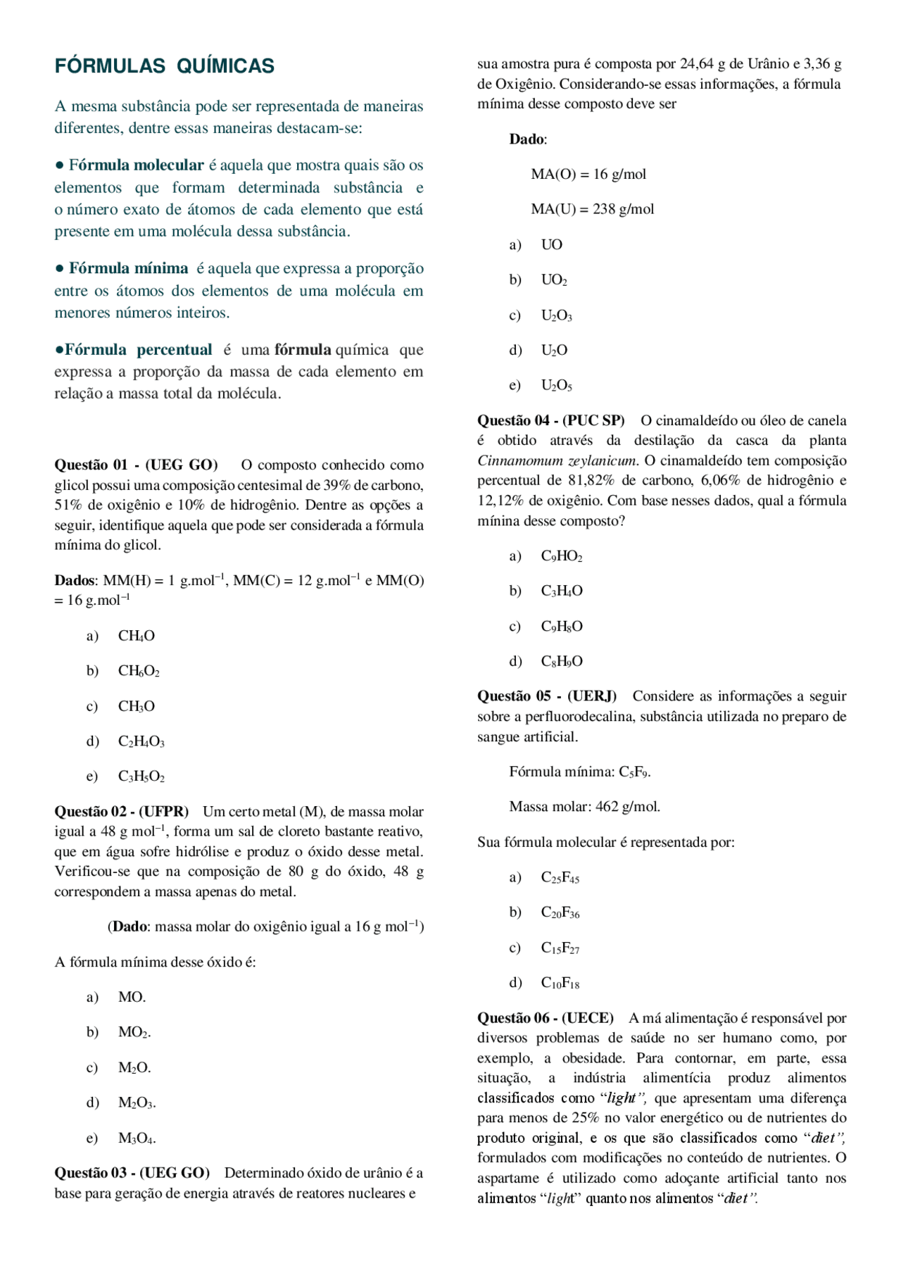 FÓrmulas QuÍmicas Notas De Aula Química Docsity