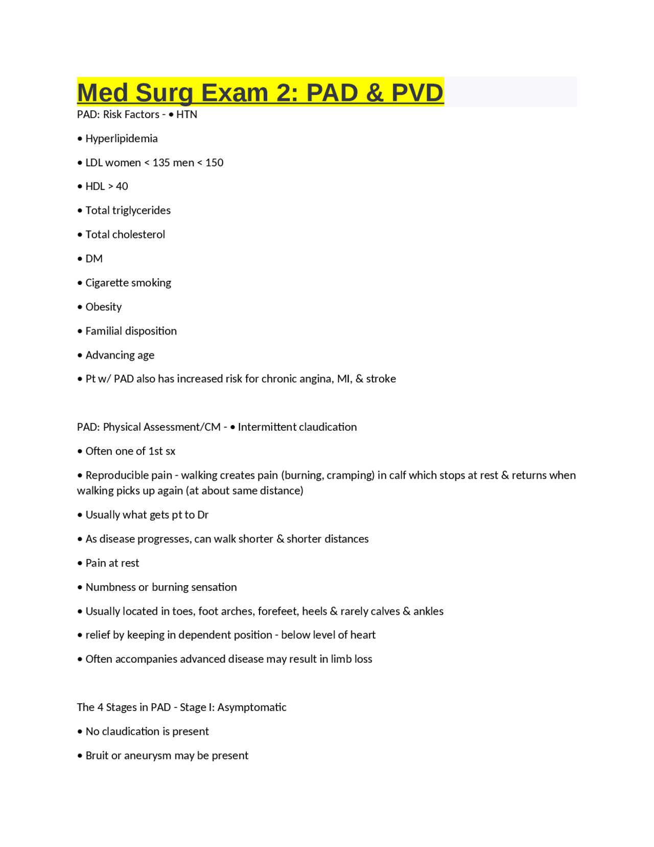 Med Surg Exam 2: PAD & PVD | Exams Nursing | Docsity