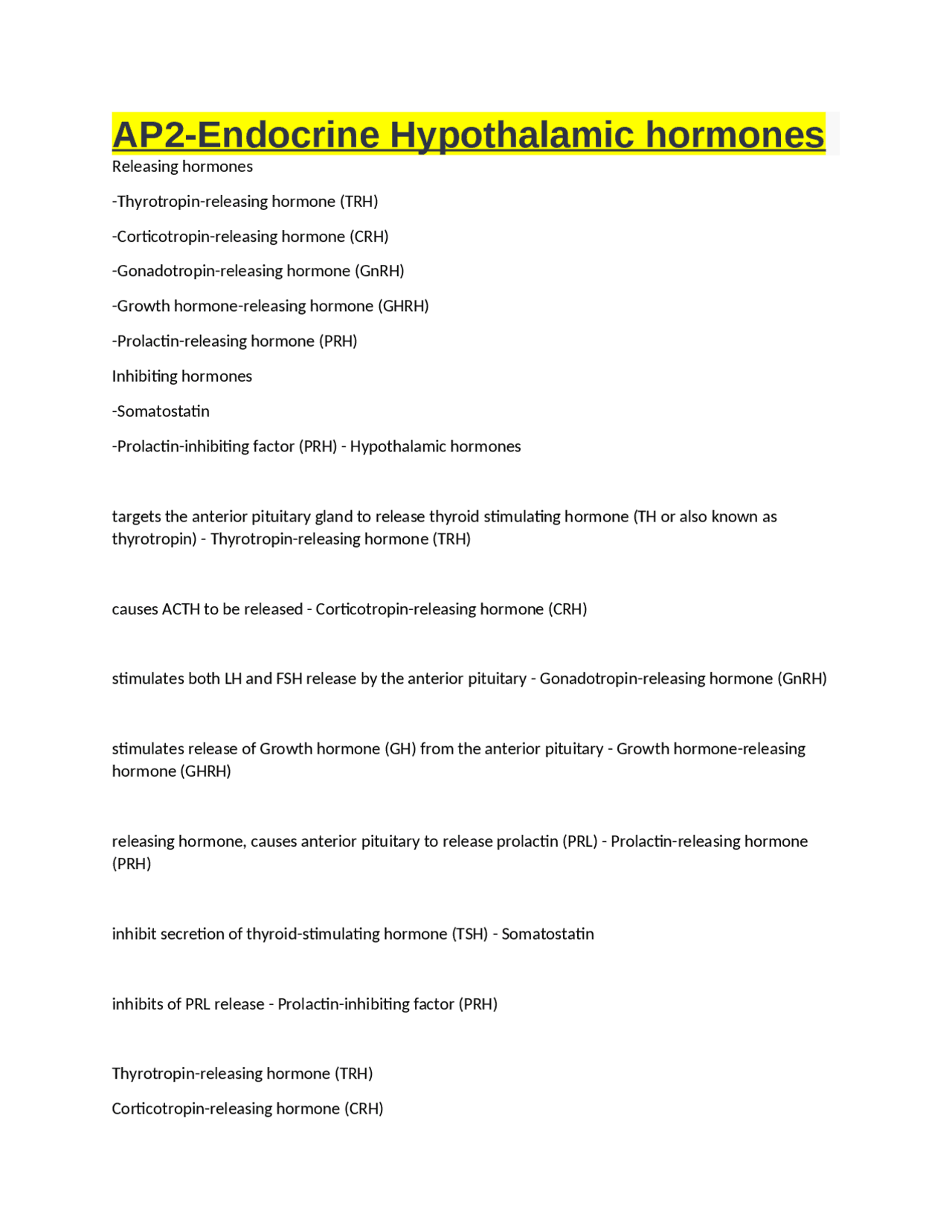 AP2-Endocrine Hypothalamic hormones | Exams Nursing | Docsity