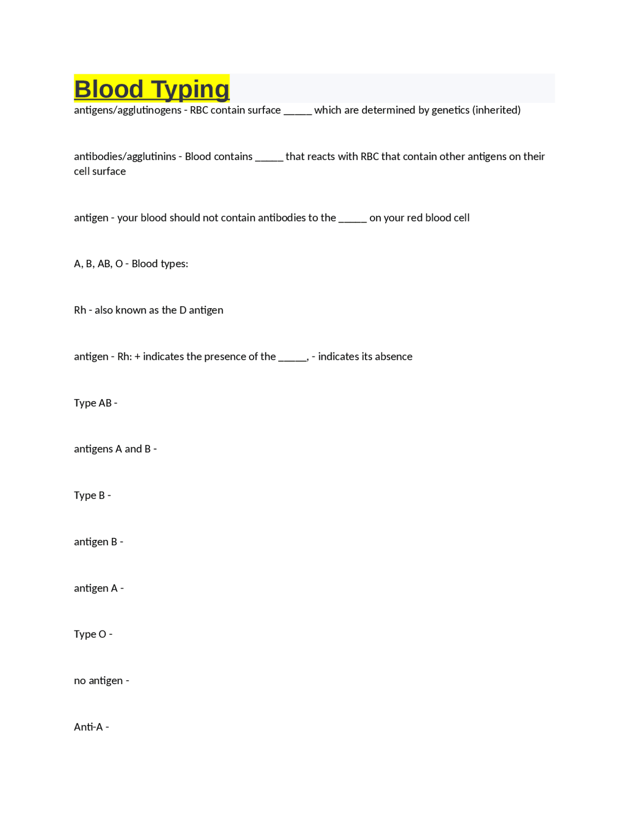 Blood Typing;Blood Typing | Exams Nursing | Docsity