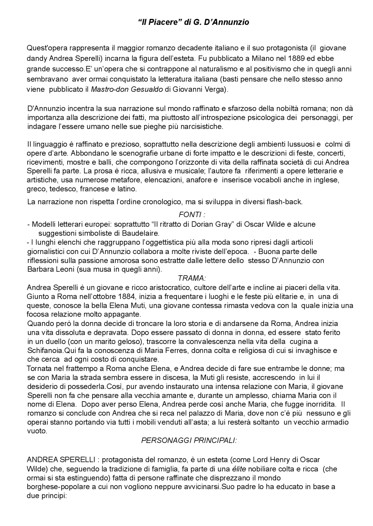 Il Piacere De Gabriele Dannunzio Appunti Di Italiano Docsity