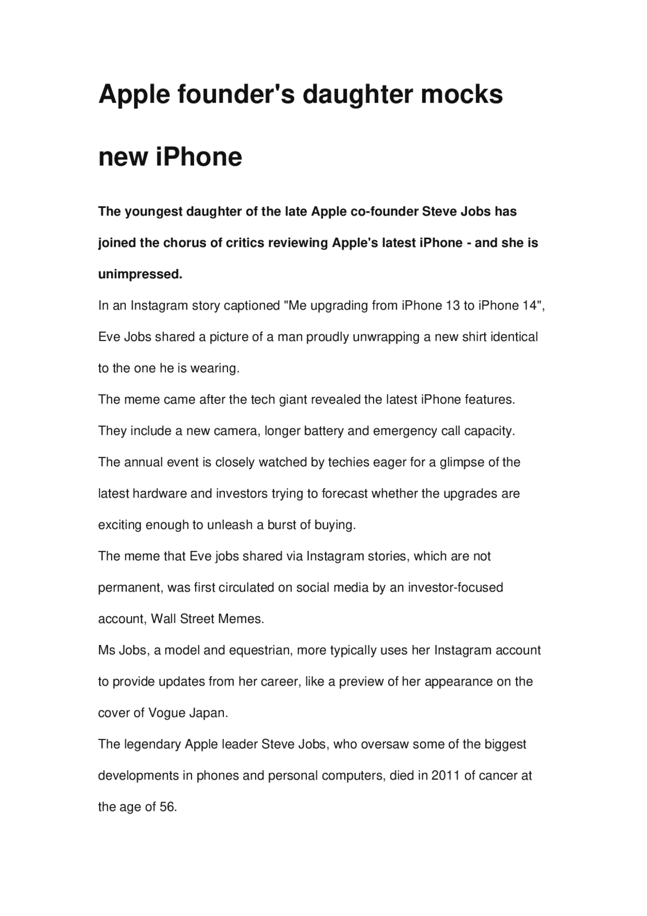 Apple founder's daughter mocks new iPhone | High school final essays ...