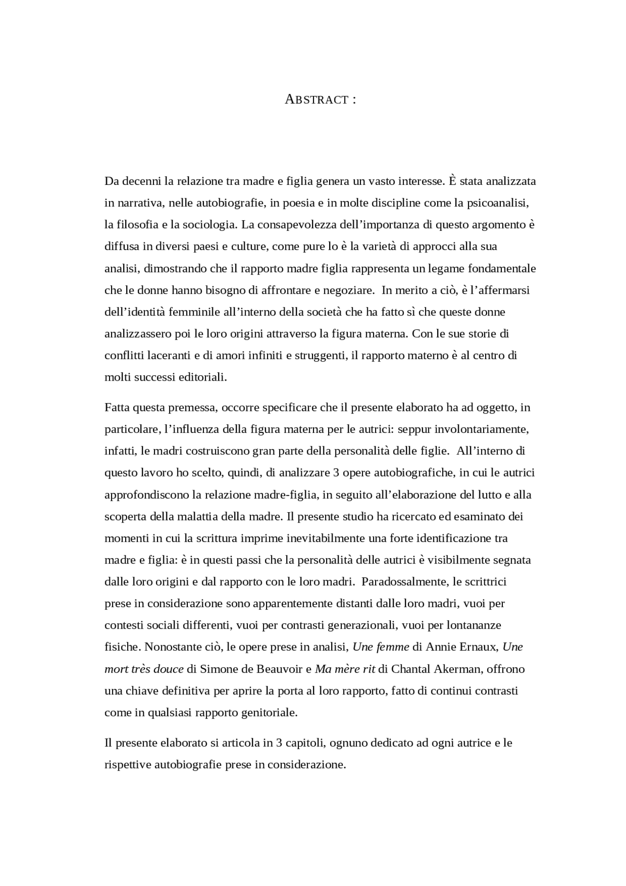 Abstract tesi rapporto madre figlia | Tesi di laurea di Lingua Francese ...