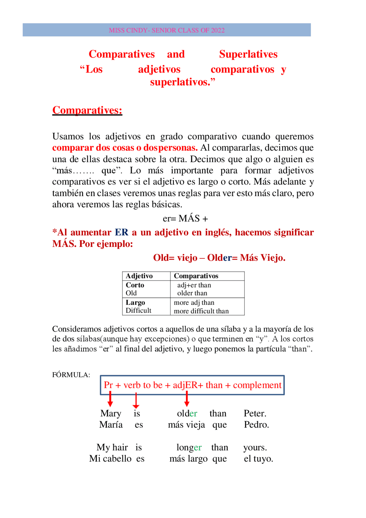 Comparativos y superlativos | Ejercicios de Psicología Clínica | Docsity