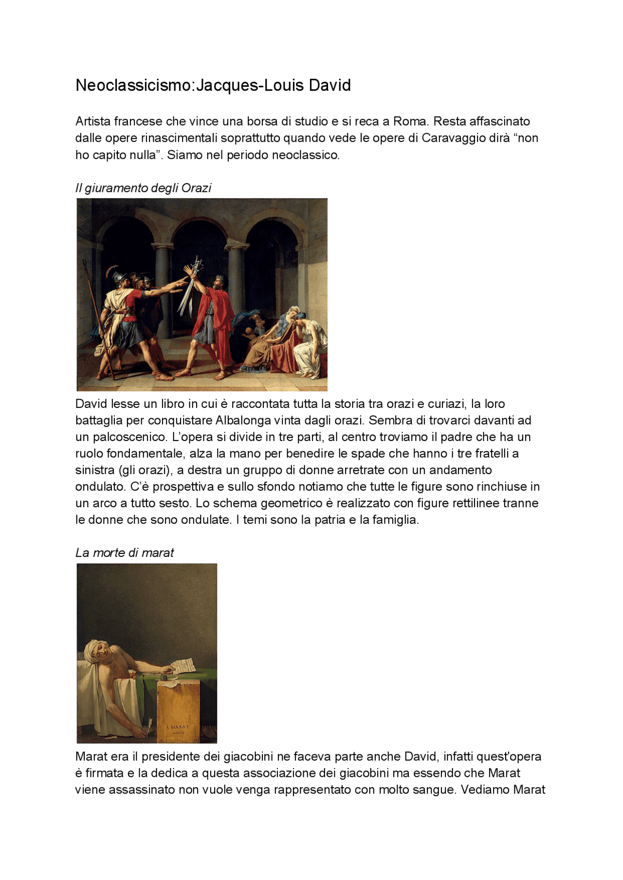 Neoclassicismo Jacques Louis David Notes Histoire De Lart Docsity
