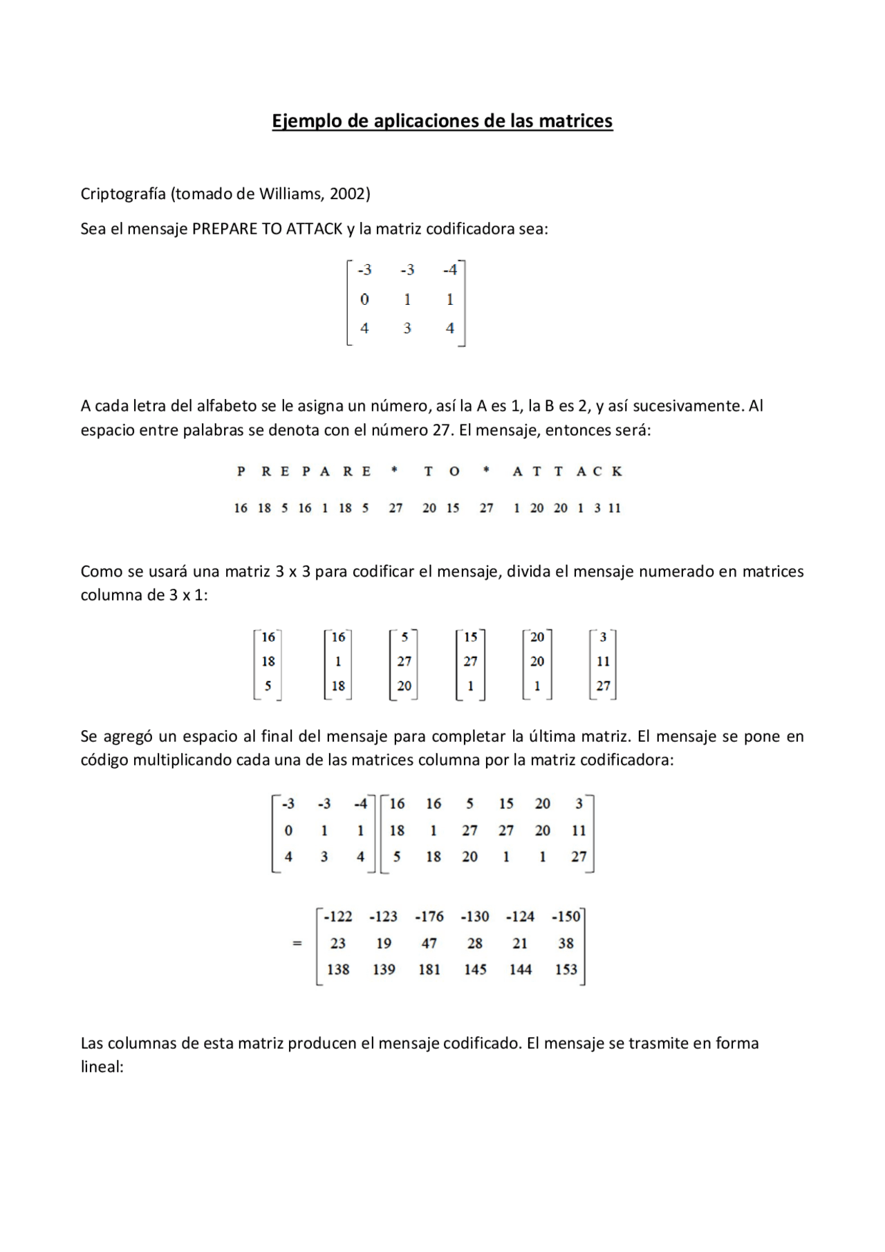 Aplicaciones de las matrices en criptografía | Resúmenes de Álgebra | Docsity