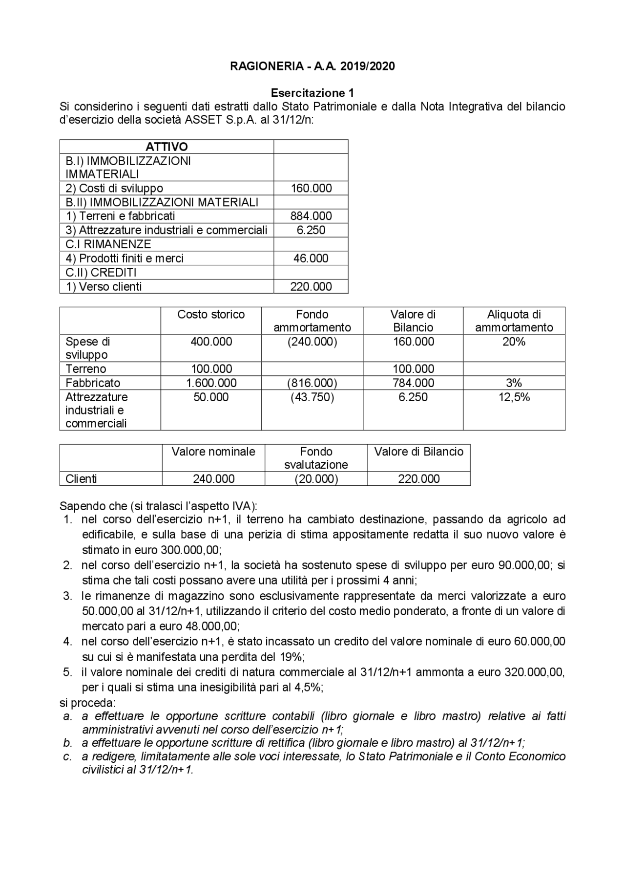 Soluzioni esercitazione attivo | Esercizi di Ragioneria | Docsity