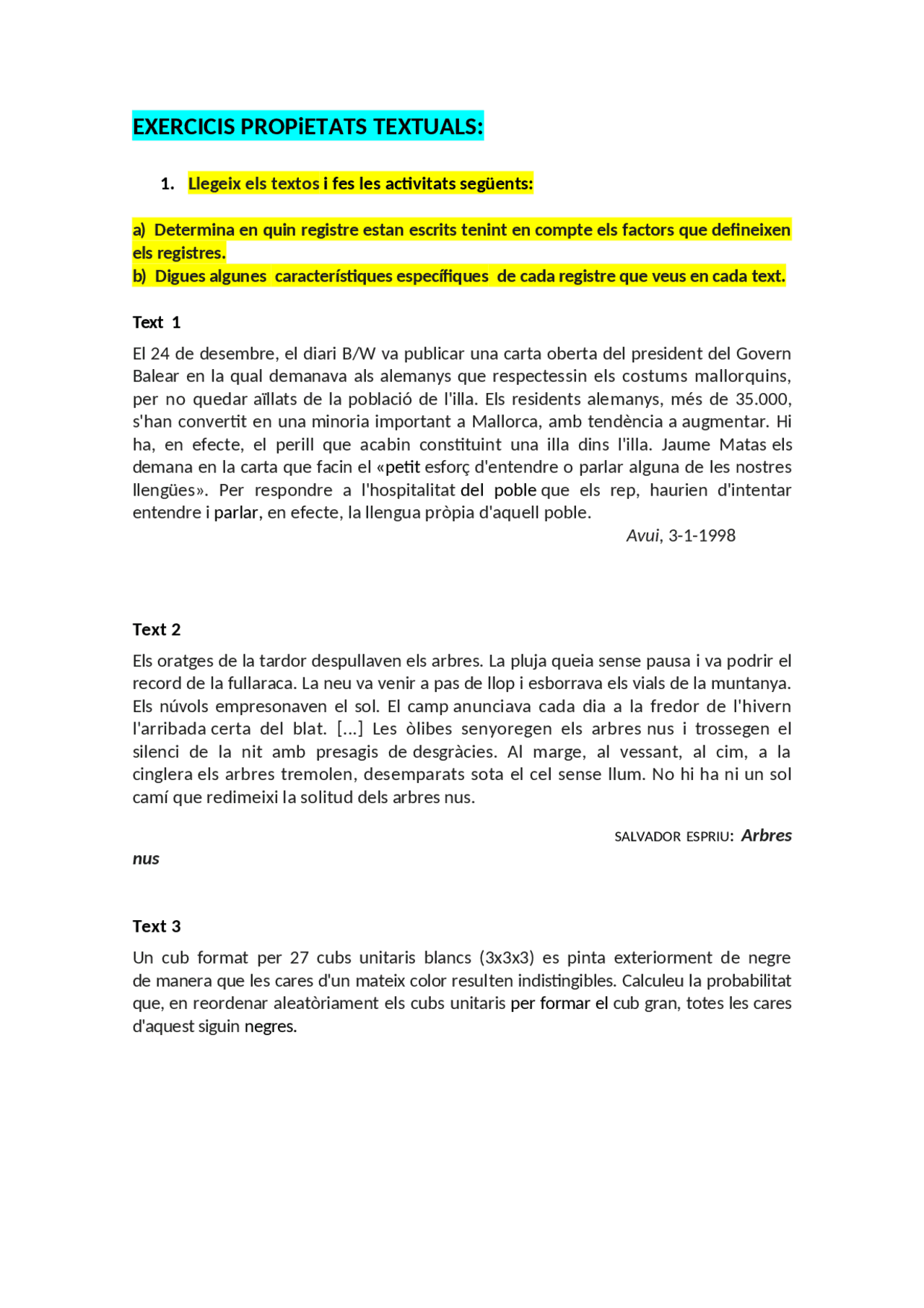 Propietats Textuals De La Asigntura De Catalan Son Ejercicios No