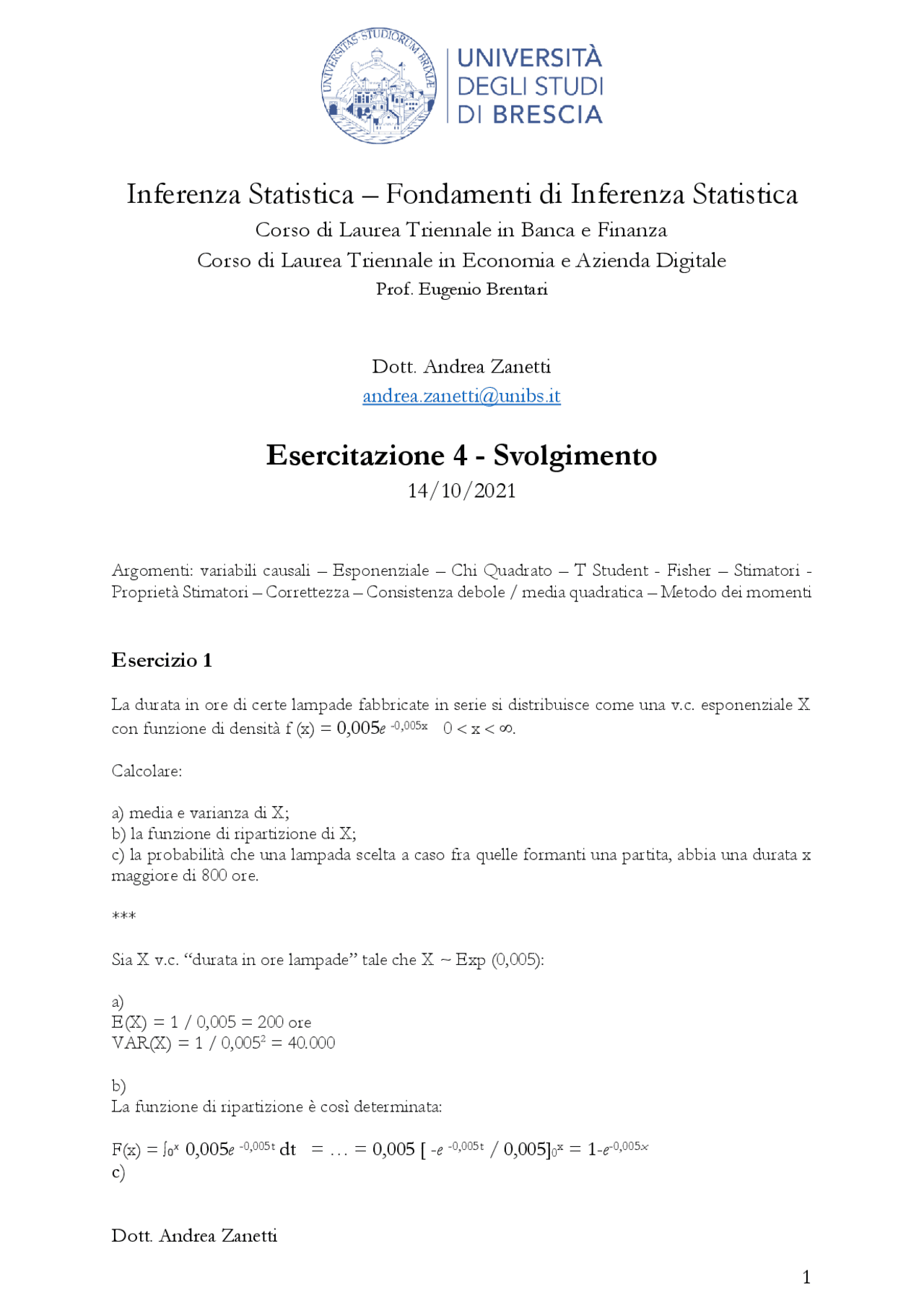 Esercizi prima parte | Esercizi di Statistica Economica | Docsity