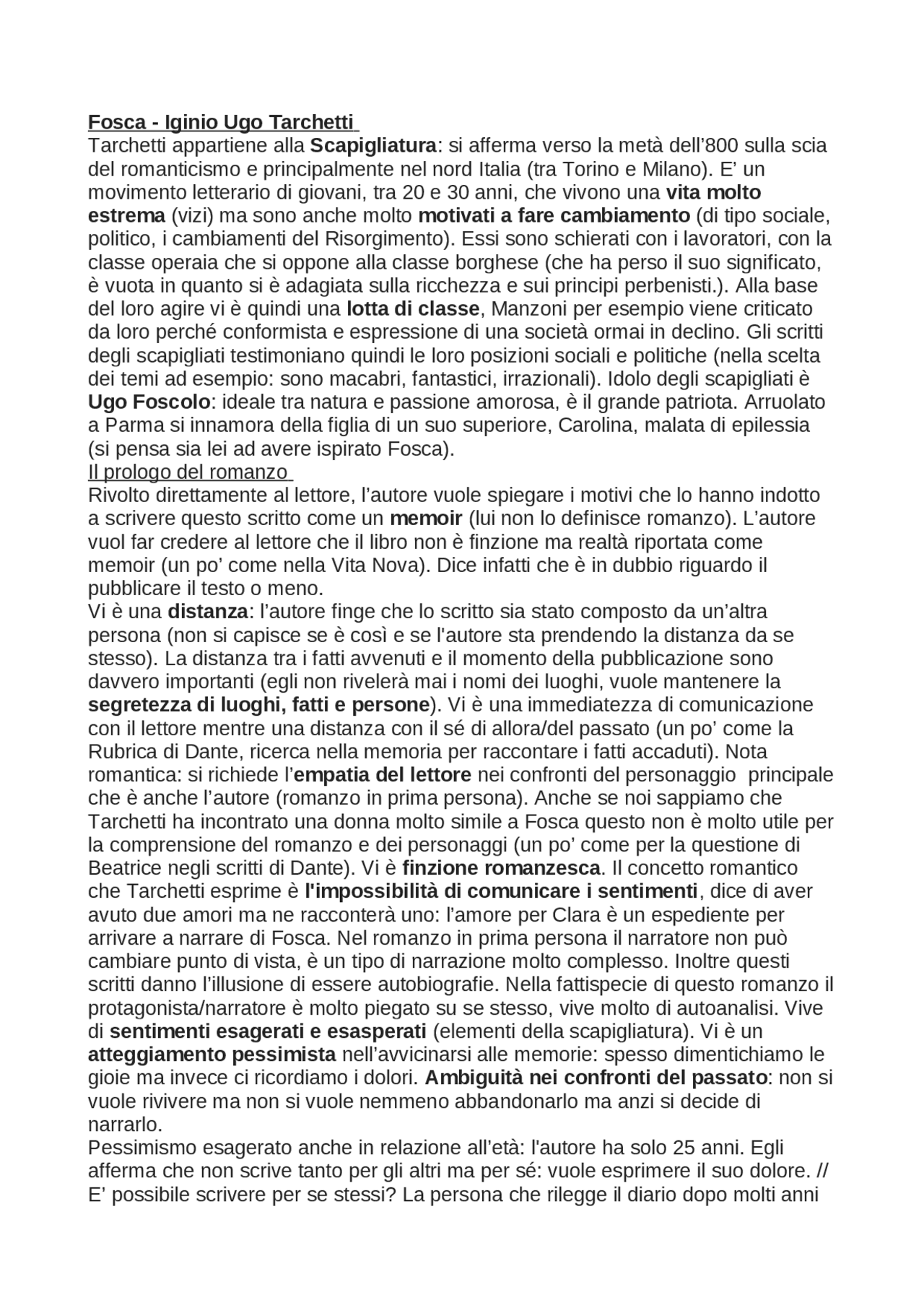 Introduzione A Fosca Di Ugo Tarchetti Appunti Di Italiano Docsity