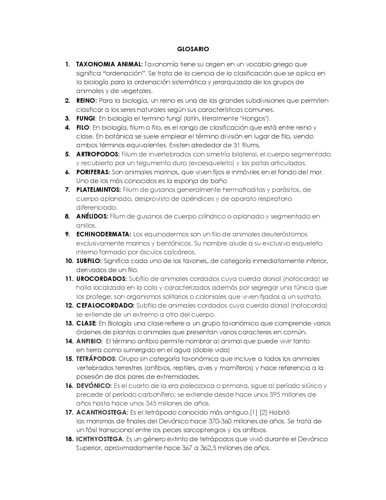 Glosario de taxonomía | Ejercicios de Biología | Docsity