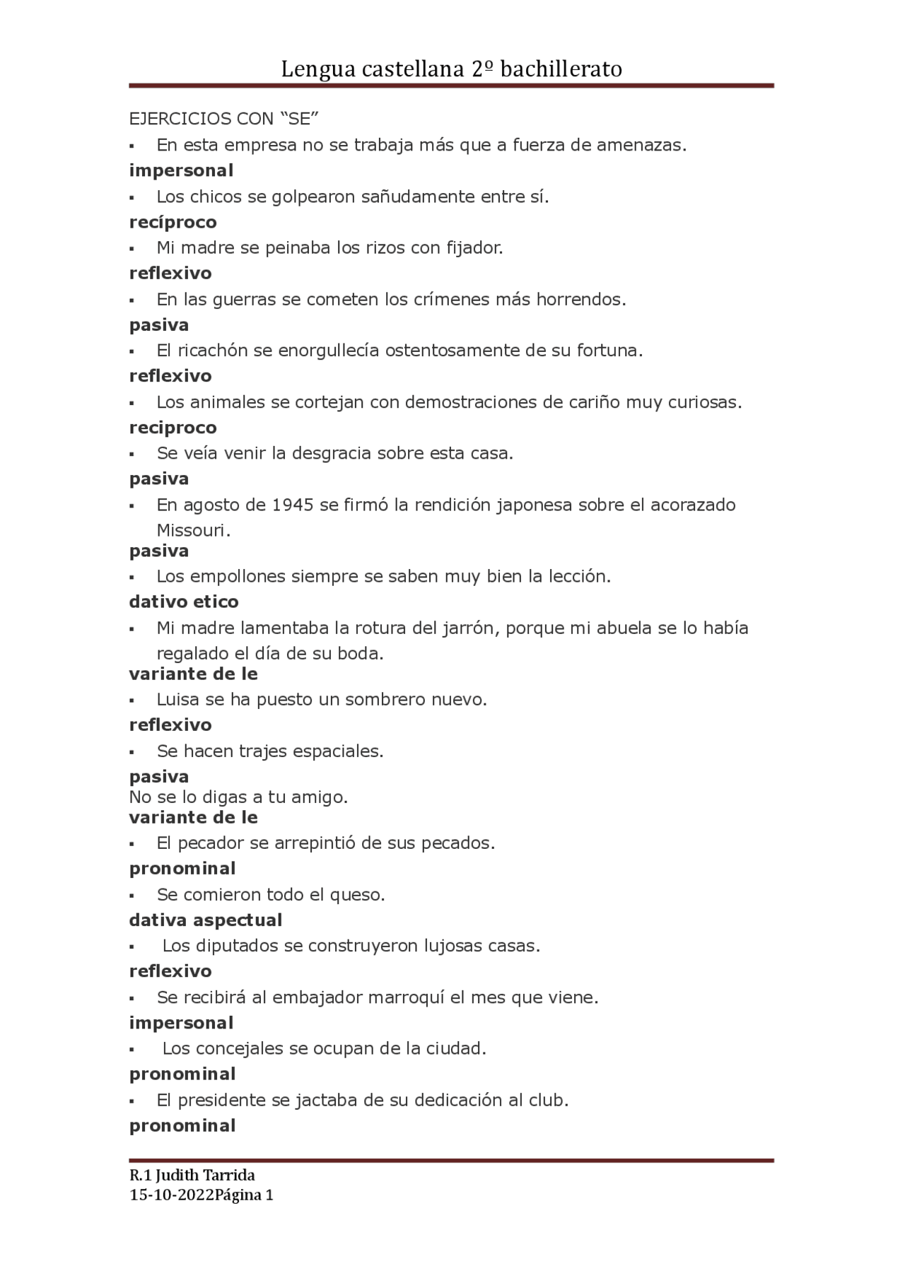 Ejercicios de Lengua y Literatura sobre los usos del se | Ejercicios de ...